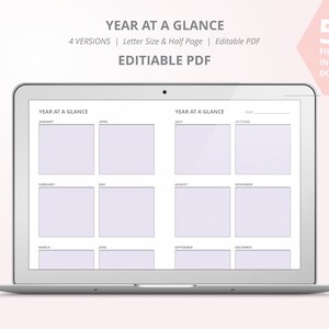 Year at A Glance Calendar, Editable PDF Calendar, Blank Calendar ...