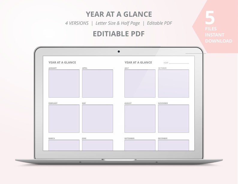 Year at A Glance Calendar, Editable PDF Calendar, Blank Calendar ...