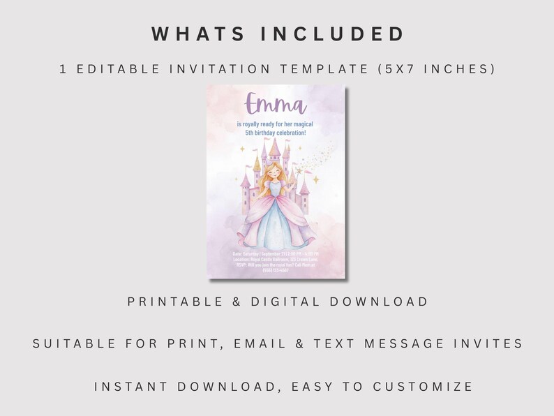 Watercolor Princess Birthday Invitation: Editable Castle Template ...
