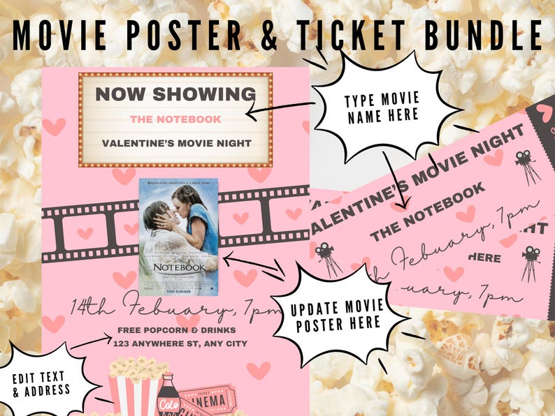 Editable Valentine’s Movie Night Poster & Ticket Bundle - Romantic DIY ...