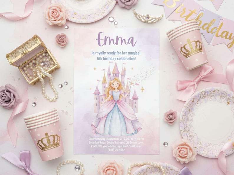 Watercolor Princess Birthday Invitation: Editable Castle Template ...