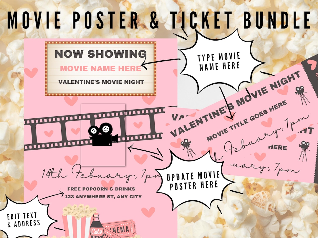 Editable Valentines Movie Night Poster & Ticket Bundle Romantic DIY ...