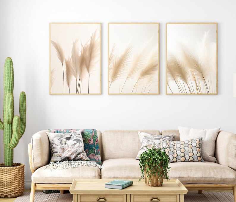 Modern Farmhouse Pampas Grass Trio: Neutral Tones Wall Art Set, Printable Wall Art, Living Room ...