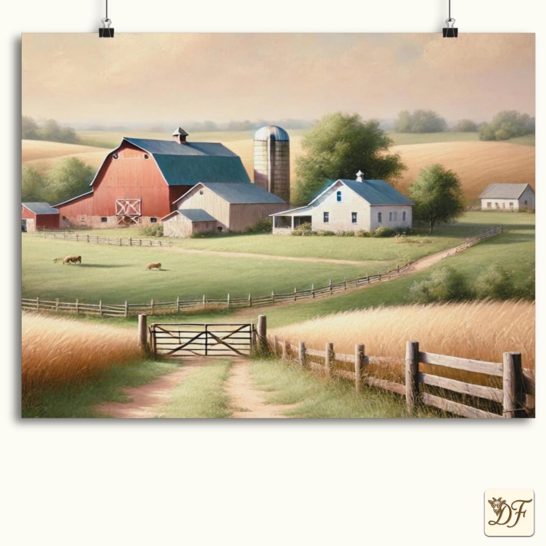 Rustic Barn Landscape Poster, Farmhouse Country Wall Decor, Red Barn ...