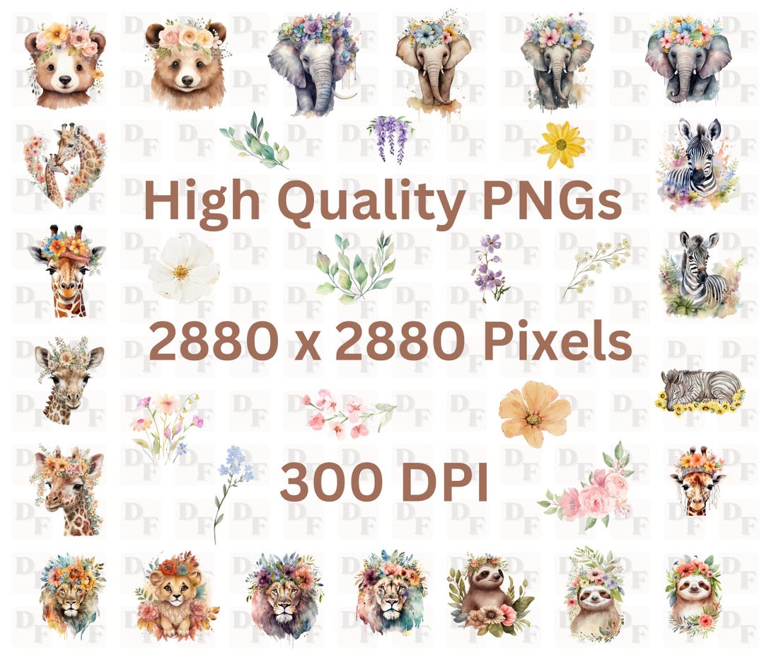 Watercolor Safari Animals Clip Art Bundle With Flowers | 21 High ...