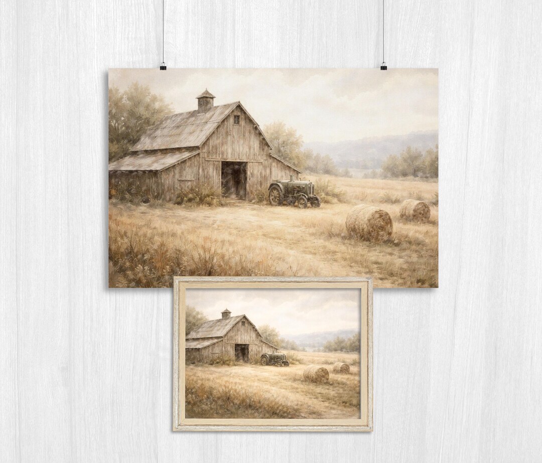 Rustic Barn Landscape Poster Print, Vintage Farm Wall Art, Neutral ...