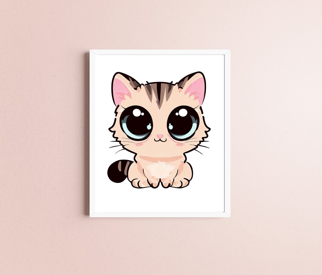 Kawaii Anime Baby Cat Nursery Print: Cute Baby Cat, Adorable Big-eyed ...