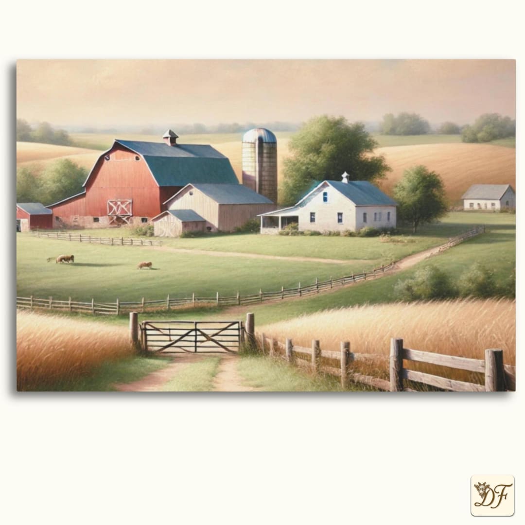 Vintage Farm Landscape Painting Canvas, Rustic Country Barn Farmhouse ...