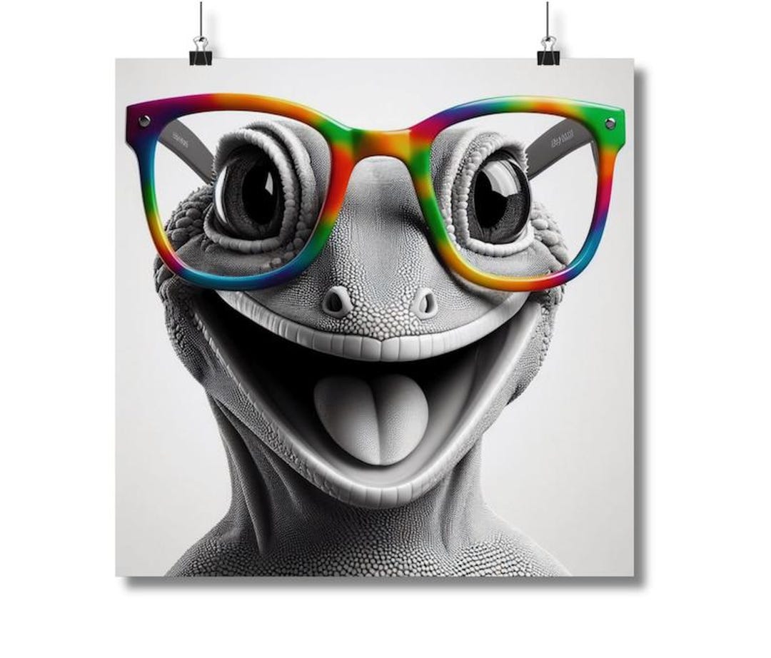 Happy Gecko Poster | Monochrome Lizard With Rainbow Glasses | Whimsical ...