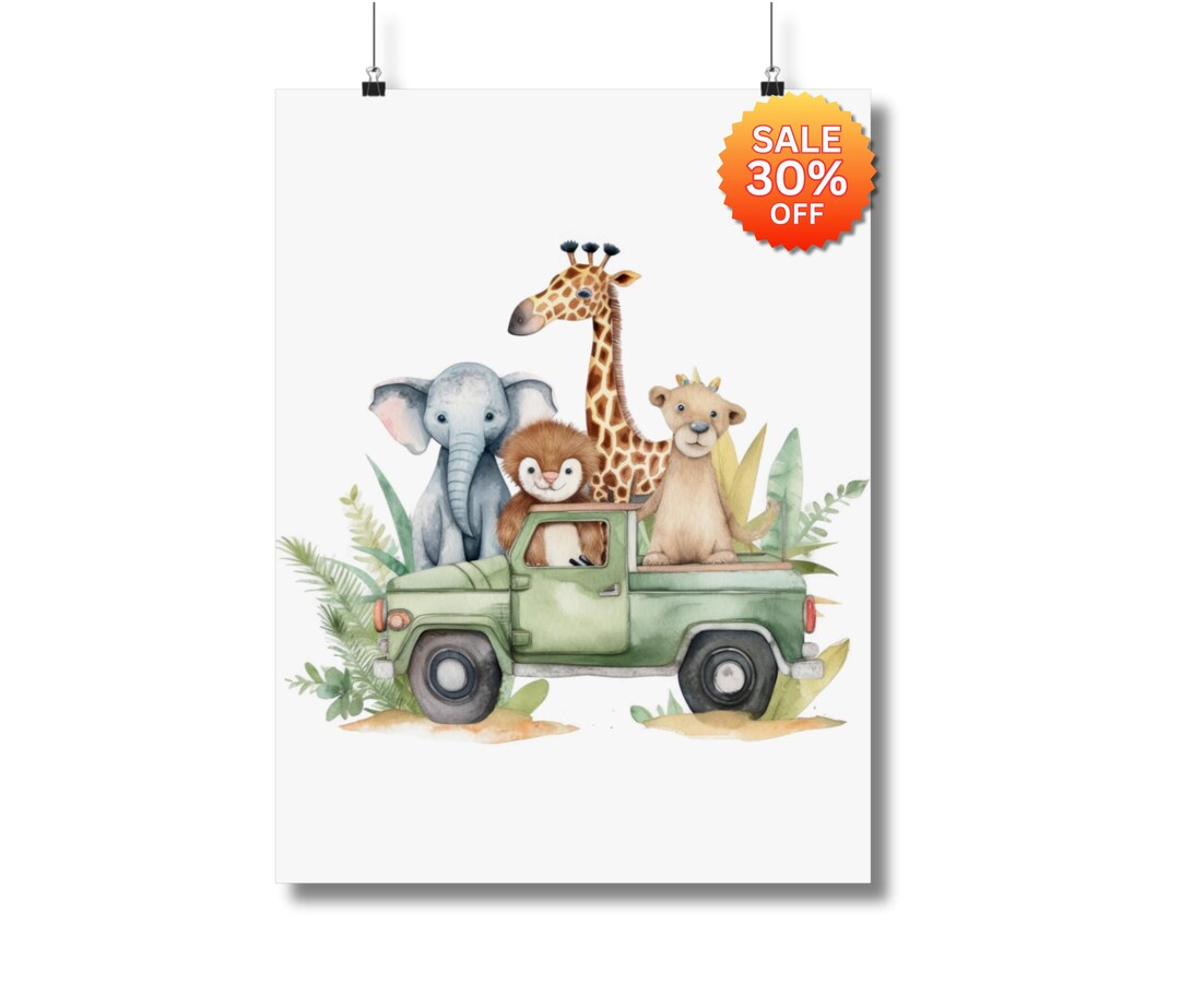 Adorable Watercolor Safari Animals in Truck Nursery Print - Premium ...