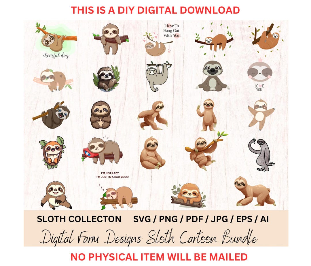 Cute Sloth Graphics Bundle for Crafting, High Quality SVG and PNG Files ...