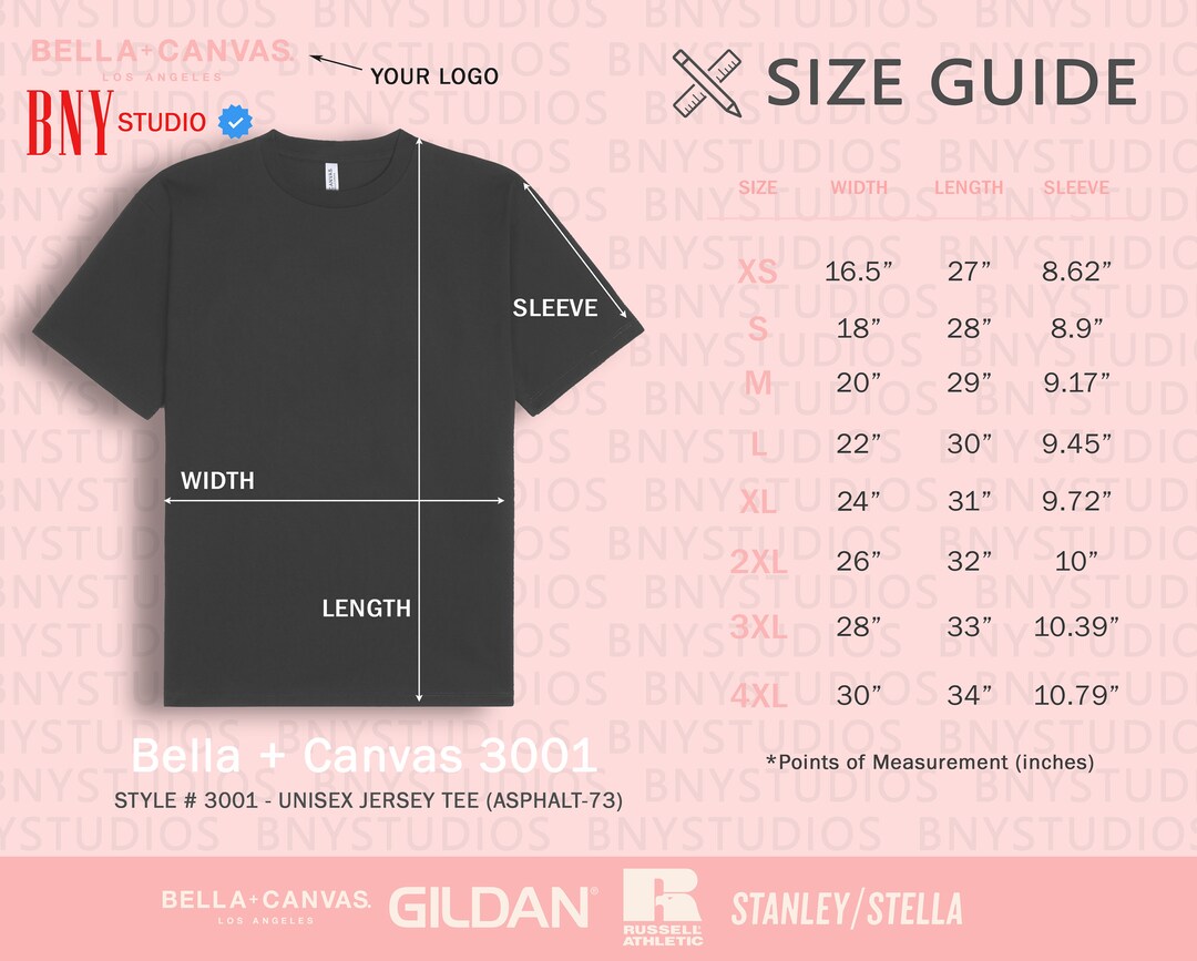 Bellacanvas 3001 Size Chart Mockup Gildan Size Guide - Etsy Australia