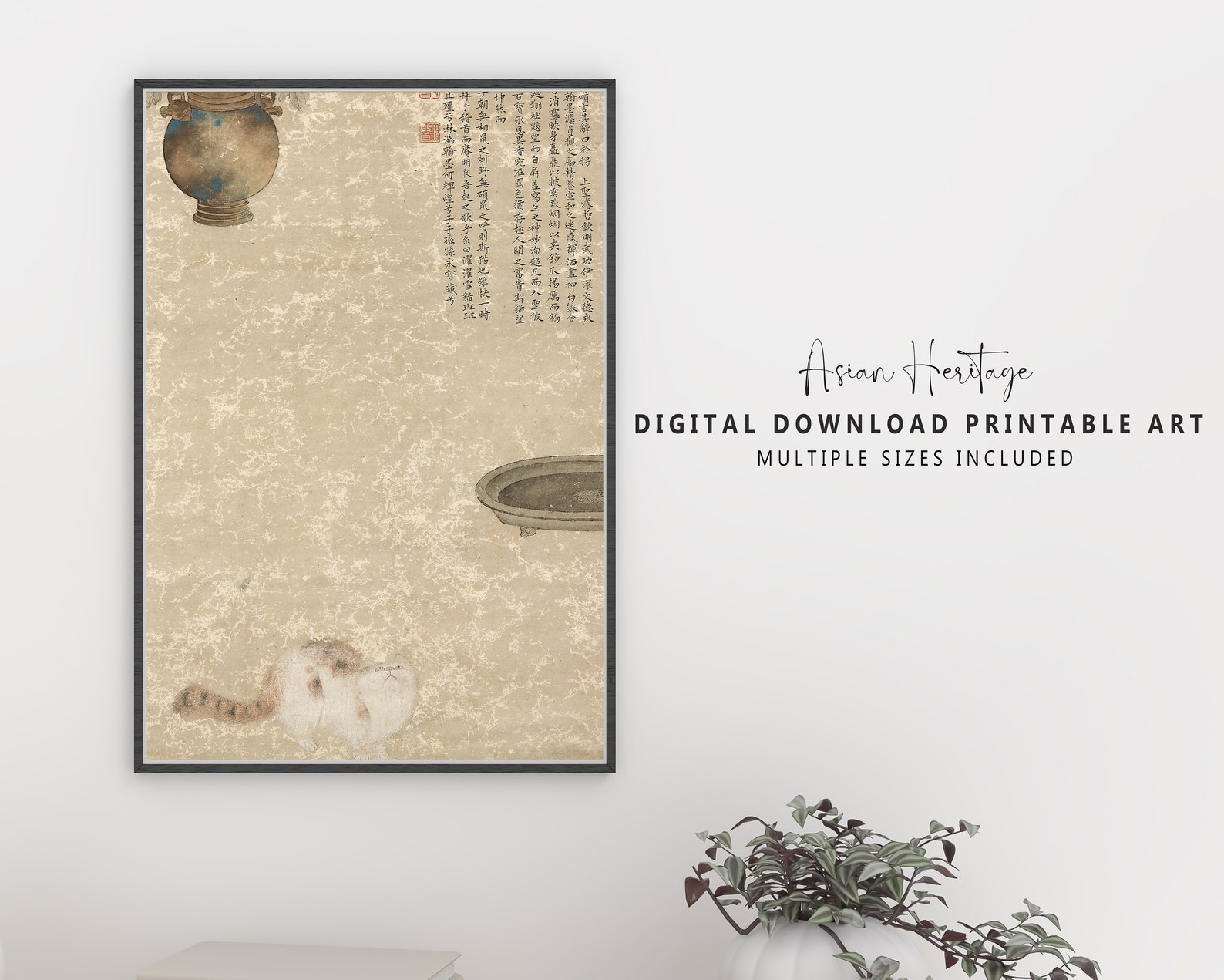 Playing Cat With Its Wealthy Pot Vintage Ancient Wall Art Office Decor ...