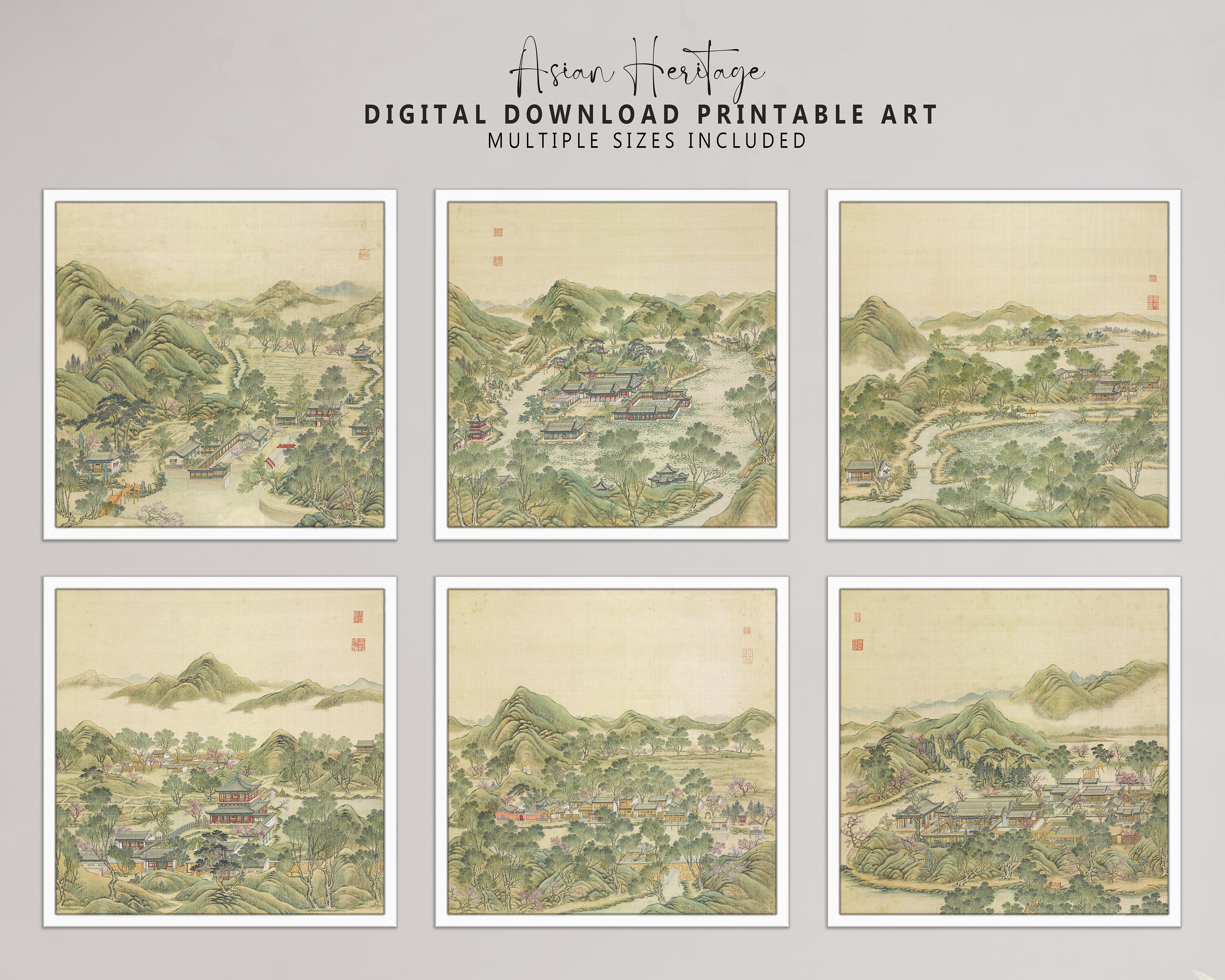 Set of 6 Ancient China Garden Building Gallery Wall | Square Horizontal ...
