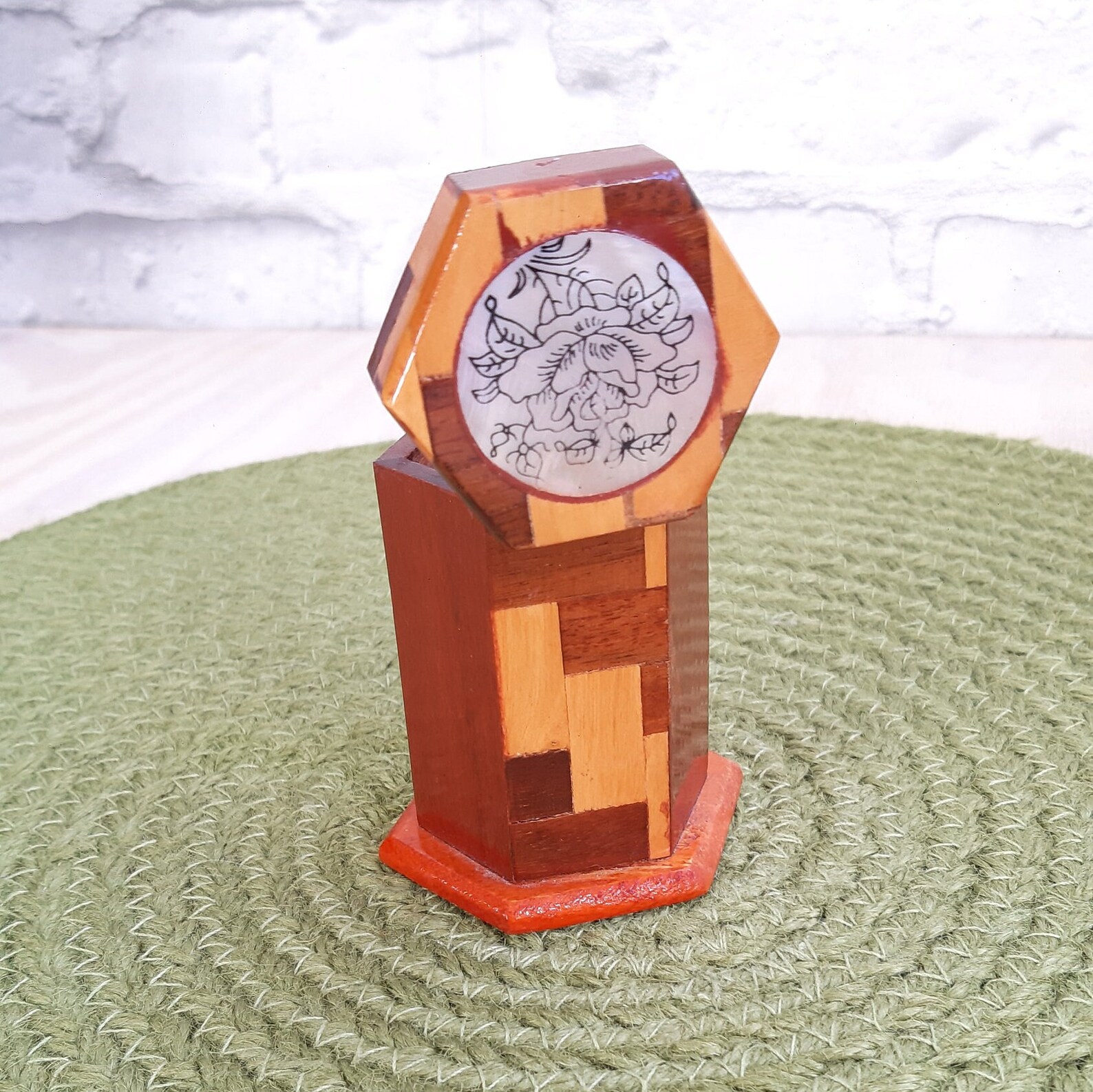 Vintage Wooden Toothpick Box, Mother of Pearl Lid, Wooden Mosaic ...