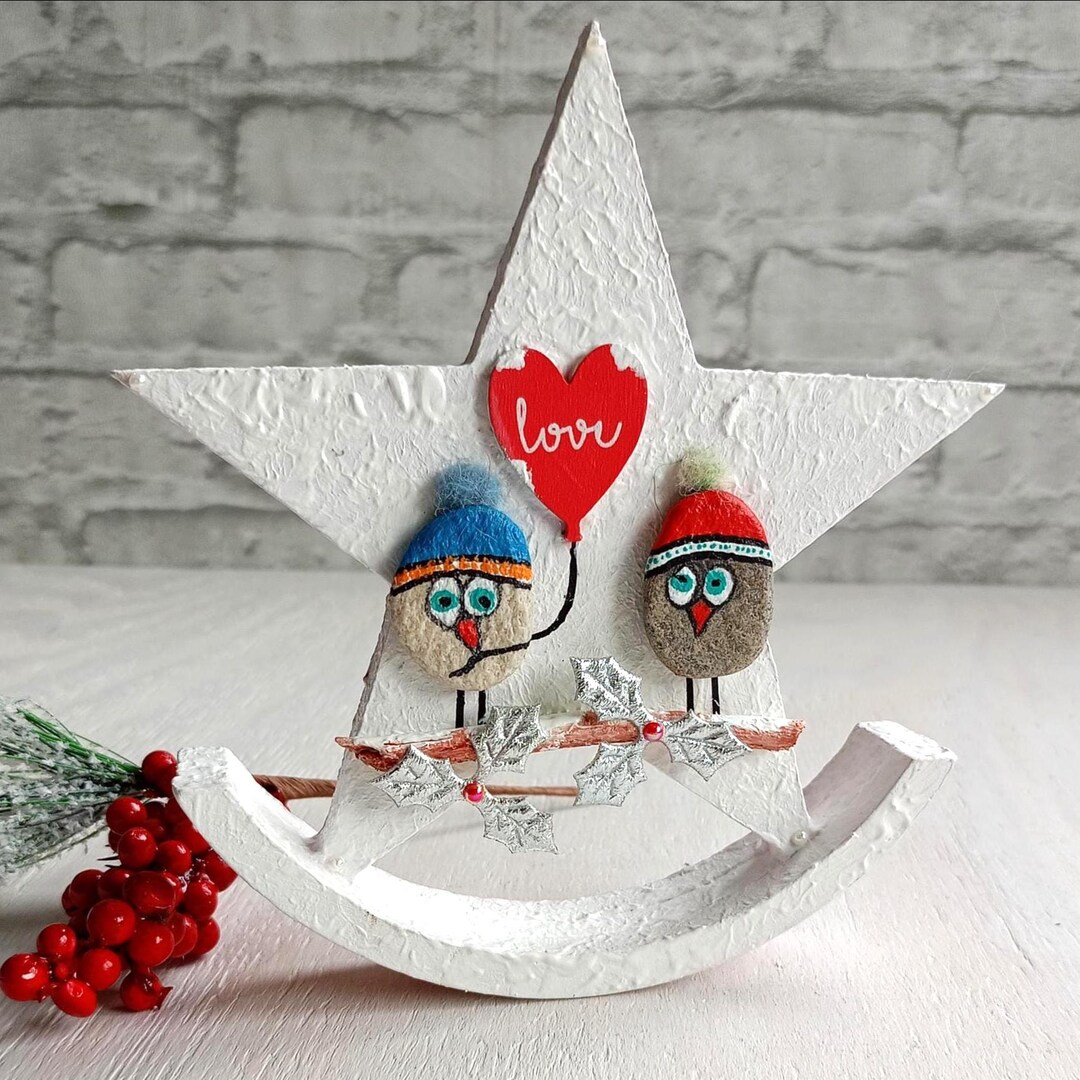 Pebble Art, Home Decoration, Christmas Bird Decor, Winter Pebble ...