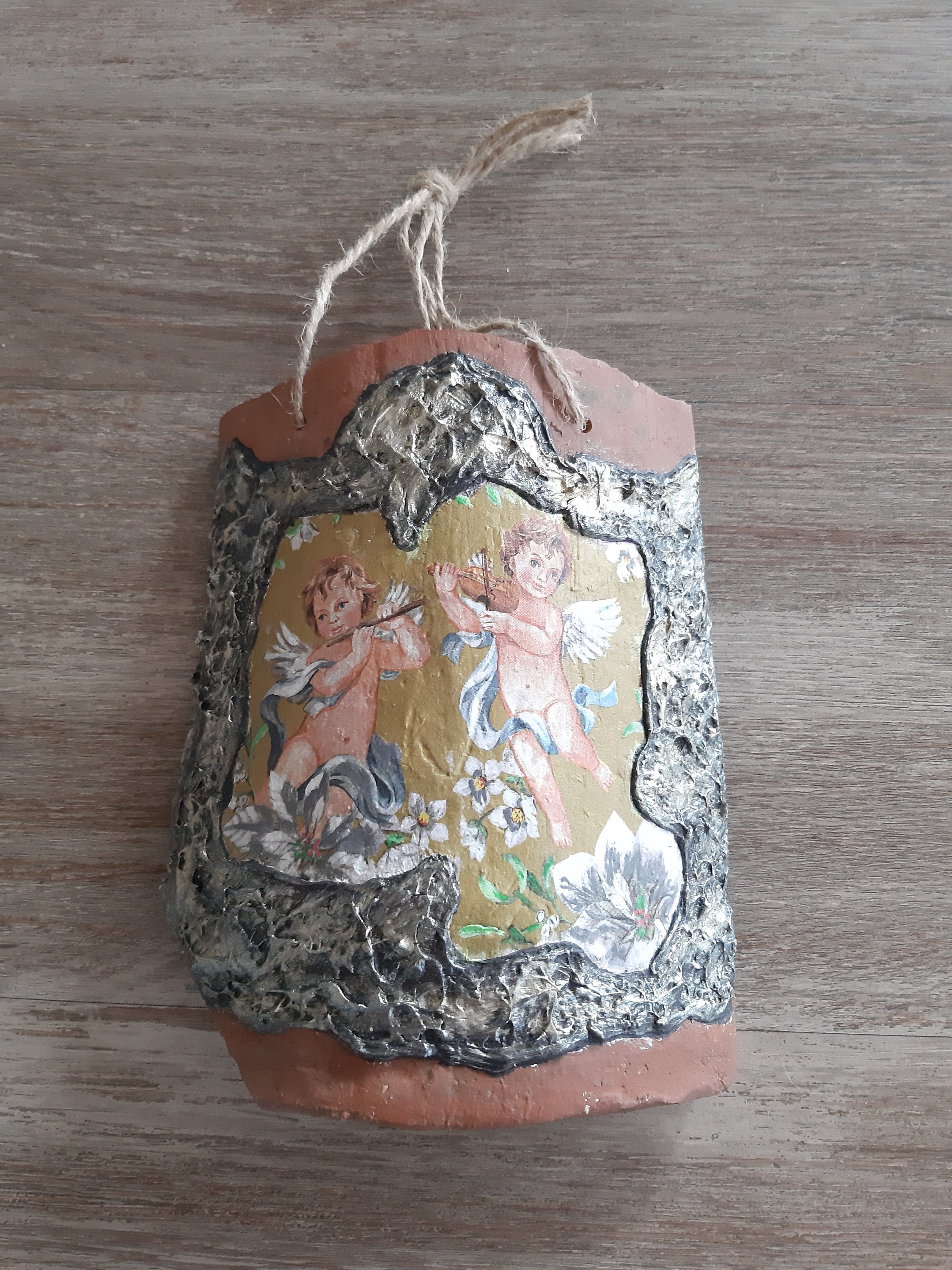 A Small Piece of Tile With Angels. Decoupage on Clay Tiles With Angels ...
