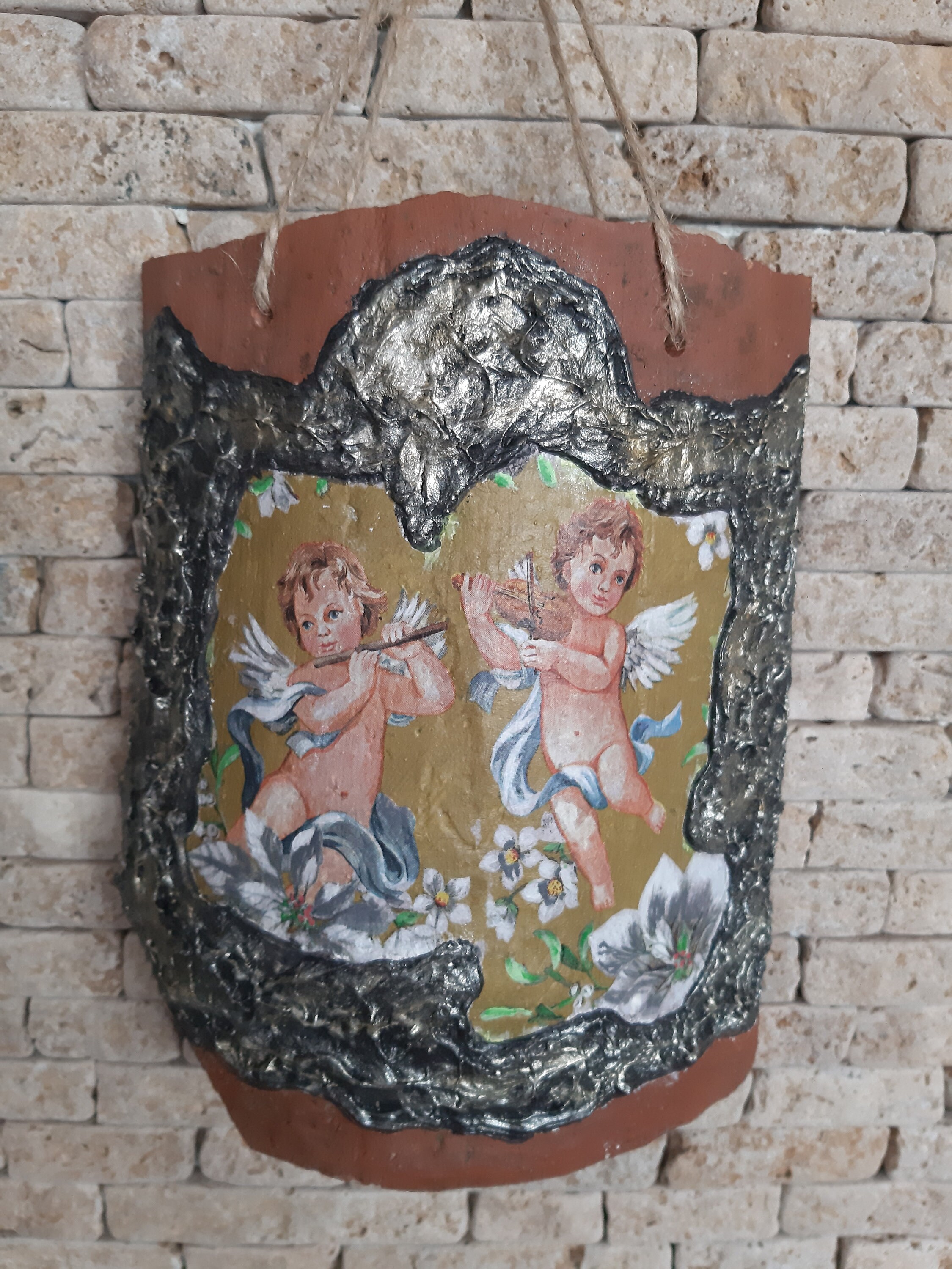 A Small Piece of Tile With Angels. Decoupage on Clay Tiles With Angels ...