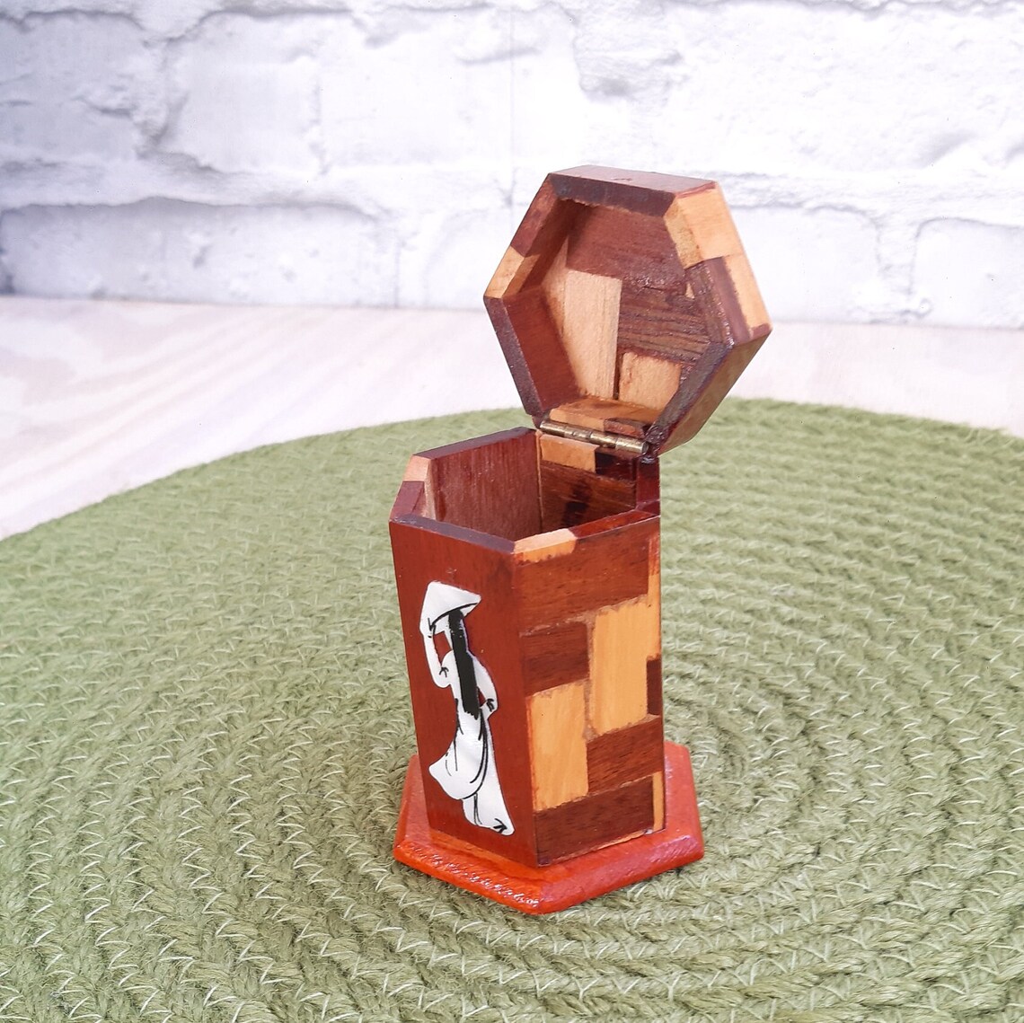 Vintage Wooden Toothpick Box, Mother of Pearl Lid, Wooden Mosaic ...