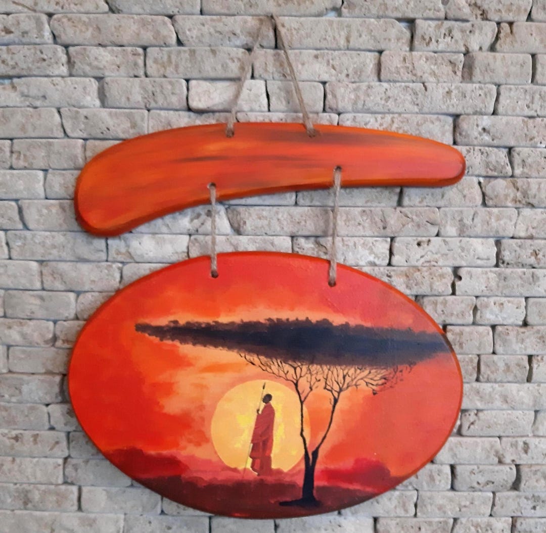 Wooden Hanging Wall Sign. African Sunset. Handmade Painting. Landscape ...
