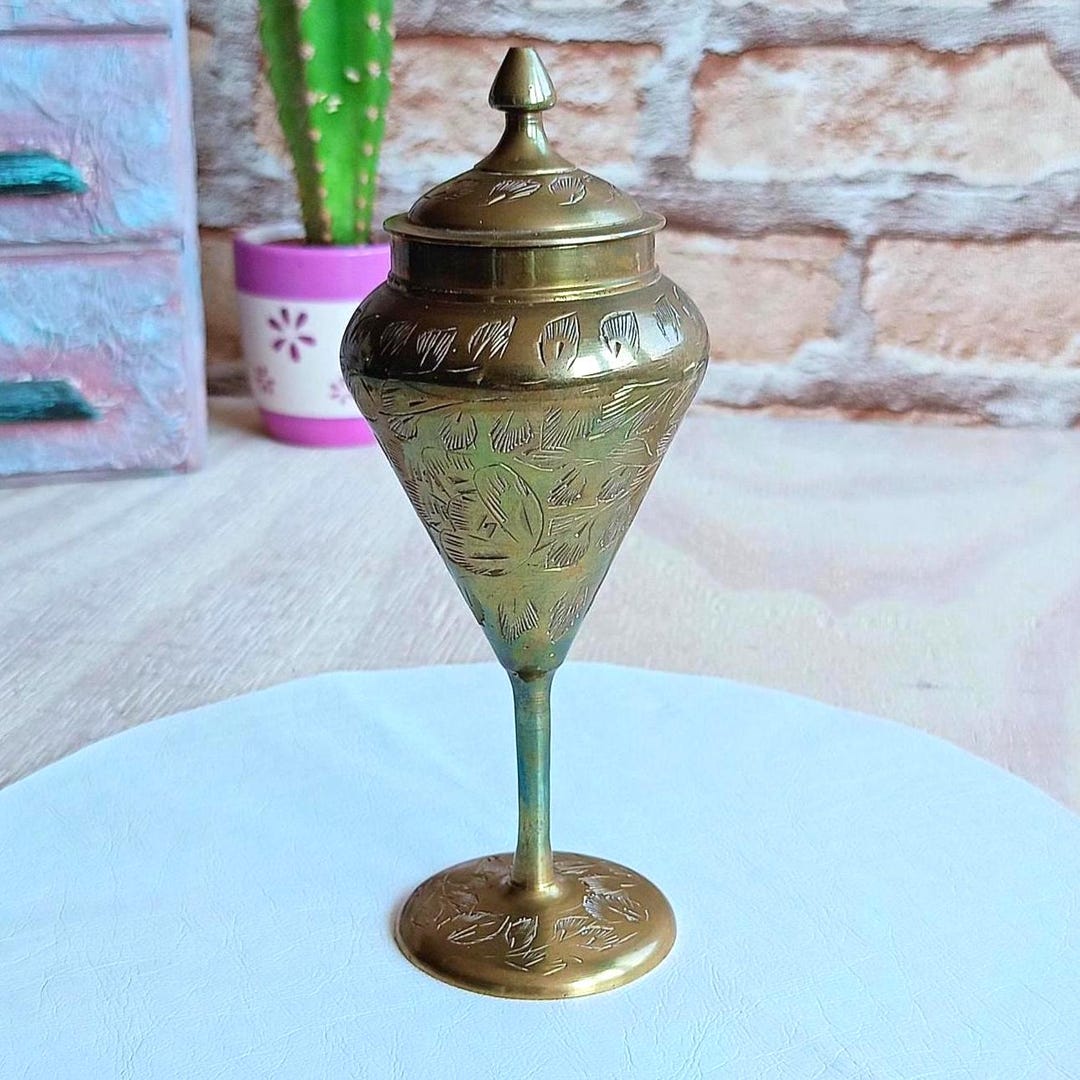 Small Brass Urn, Engraved Floral Design Urn, Pedestal With Lid, Retro ...
