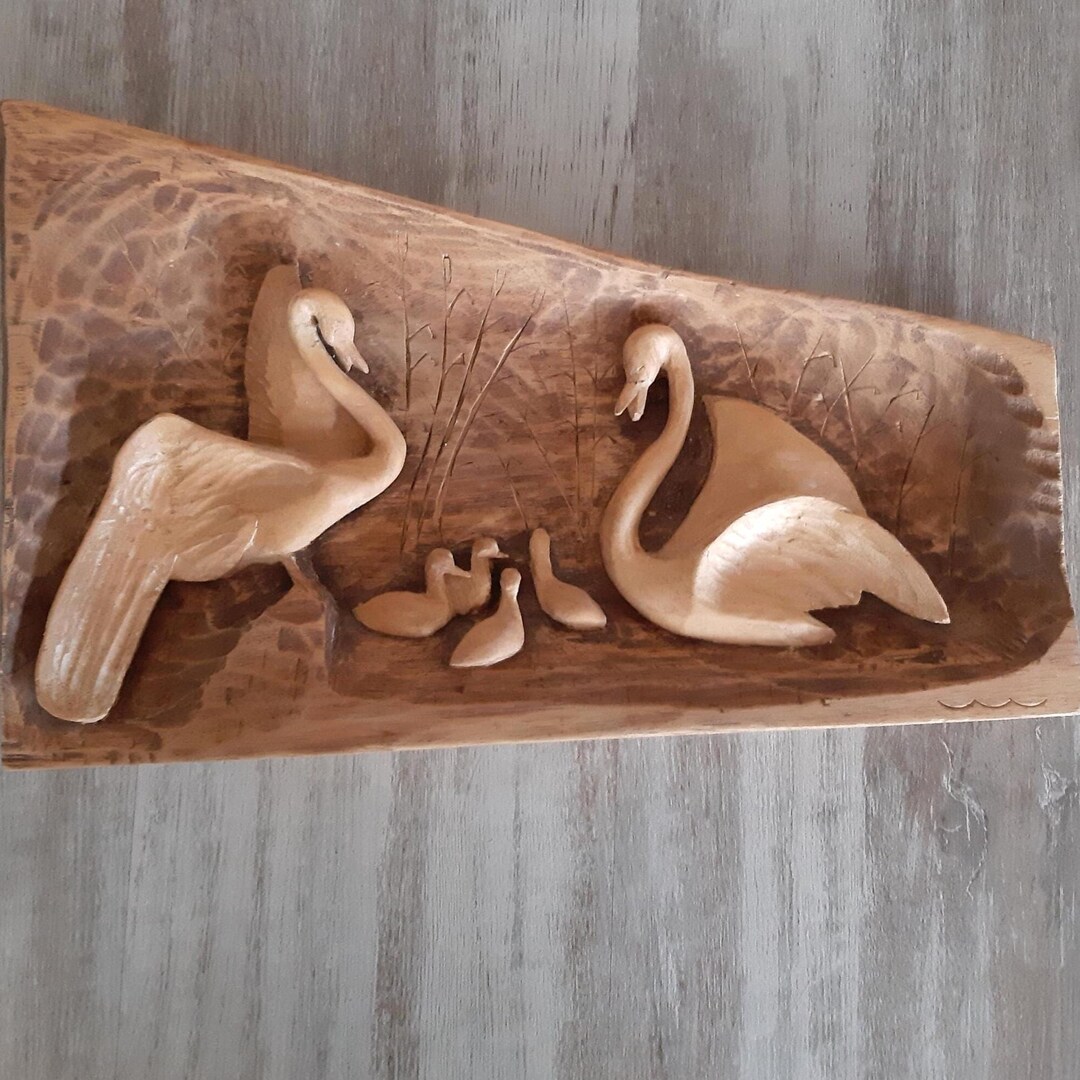 Carved Wood. Massive Wood Carving. Picture From Wood. Family of Swans ...