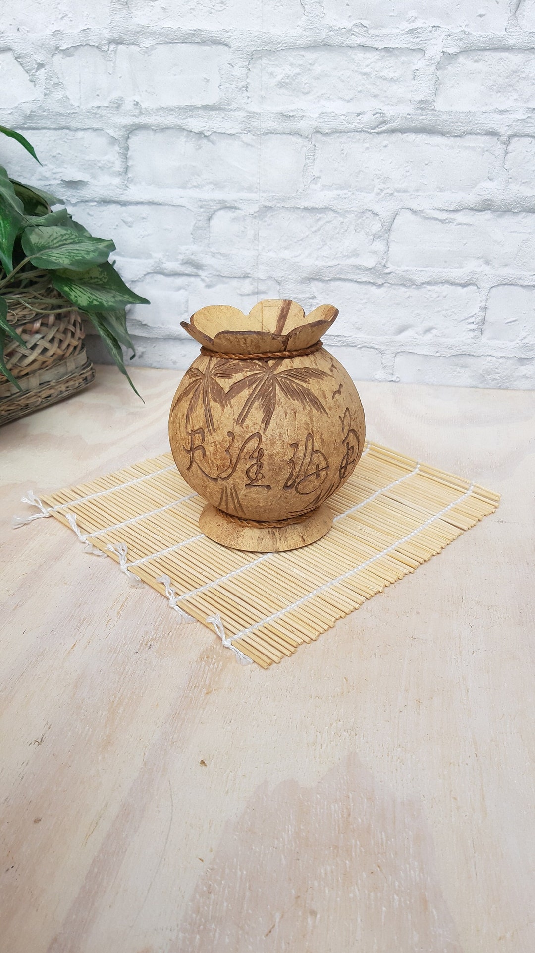 Vintage Handmade Coconut Vase Engraved Coconut Vase - Etsy