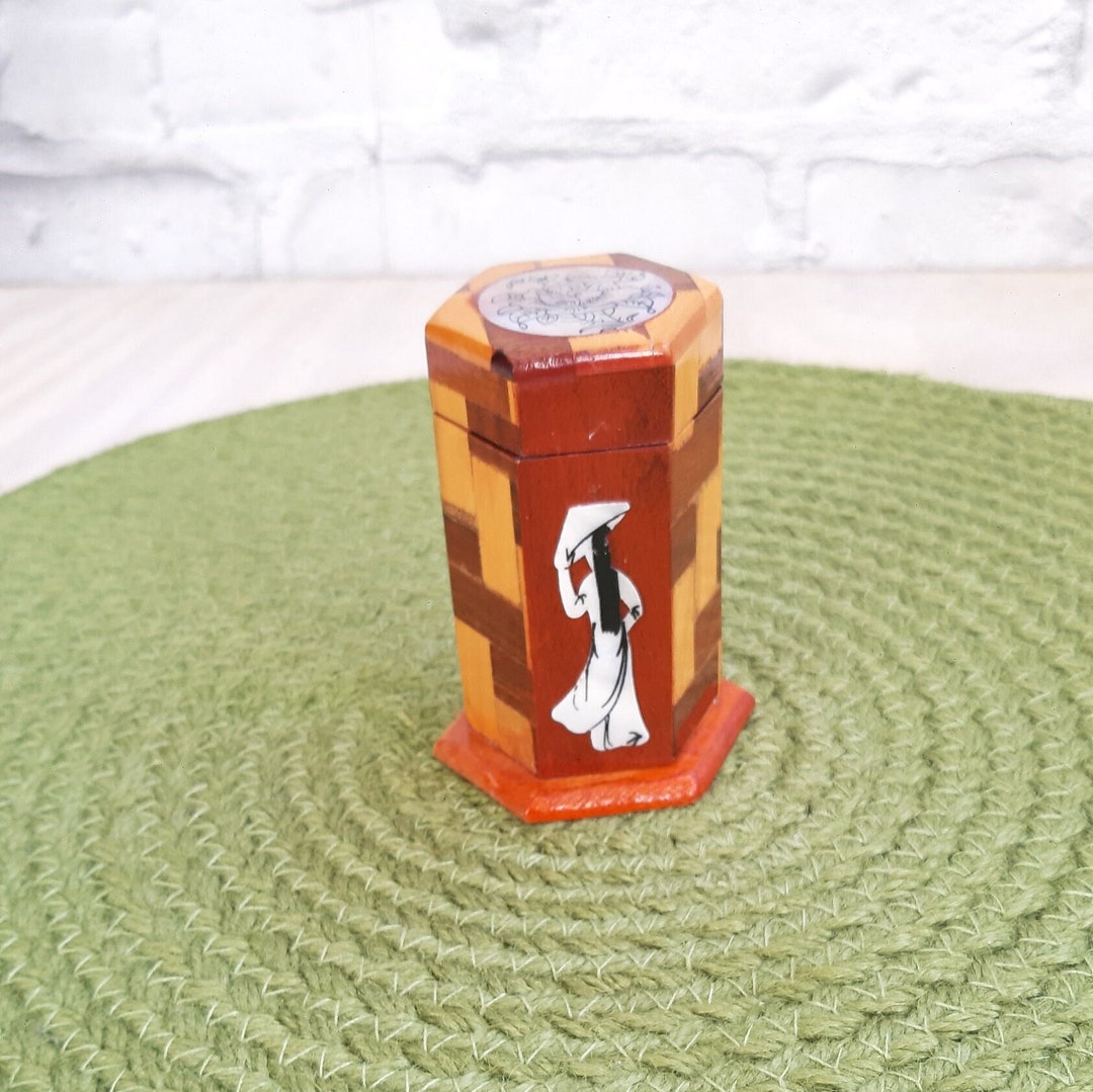Vintage Wooden Toothpick Box, Mother of Pearl Lid, Wooden Mosaic ...
