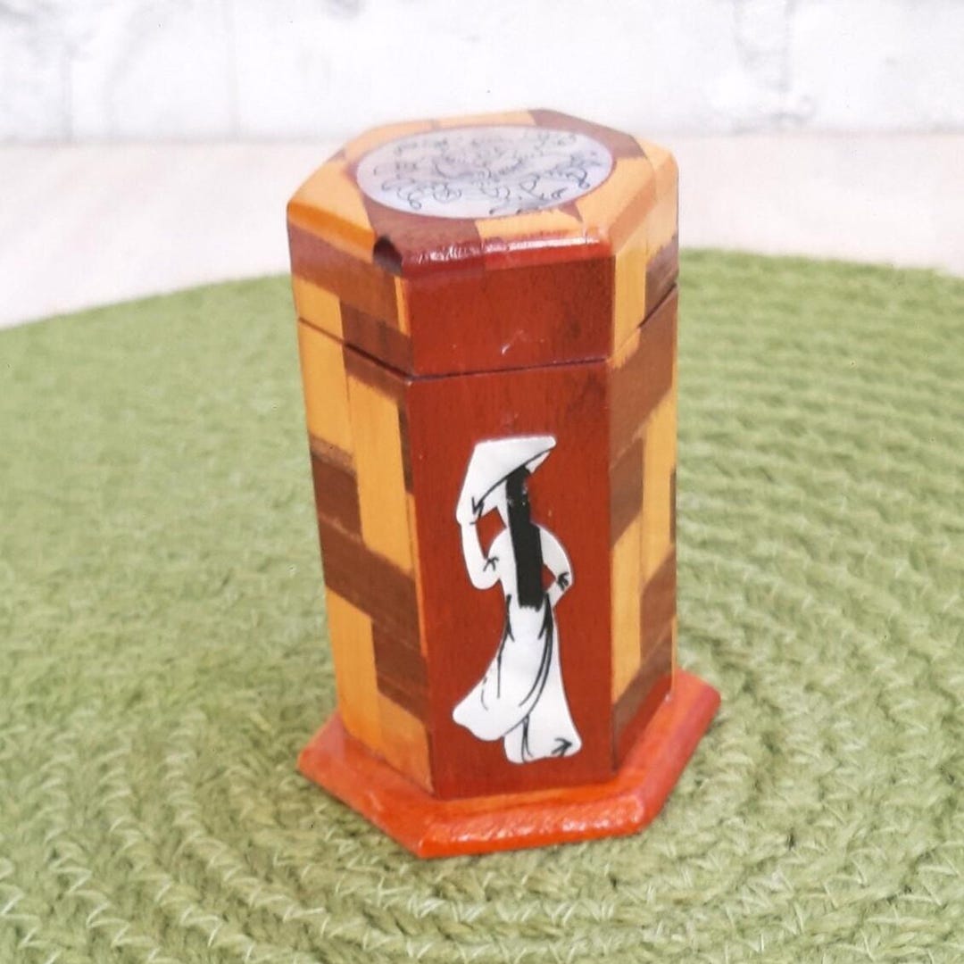 Vintage Wooden Toothpick Box, Mother of Pearl Lid, Wooden Mosaic ...