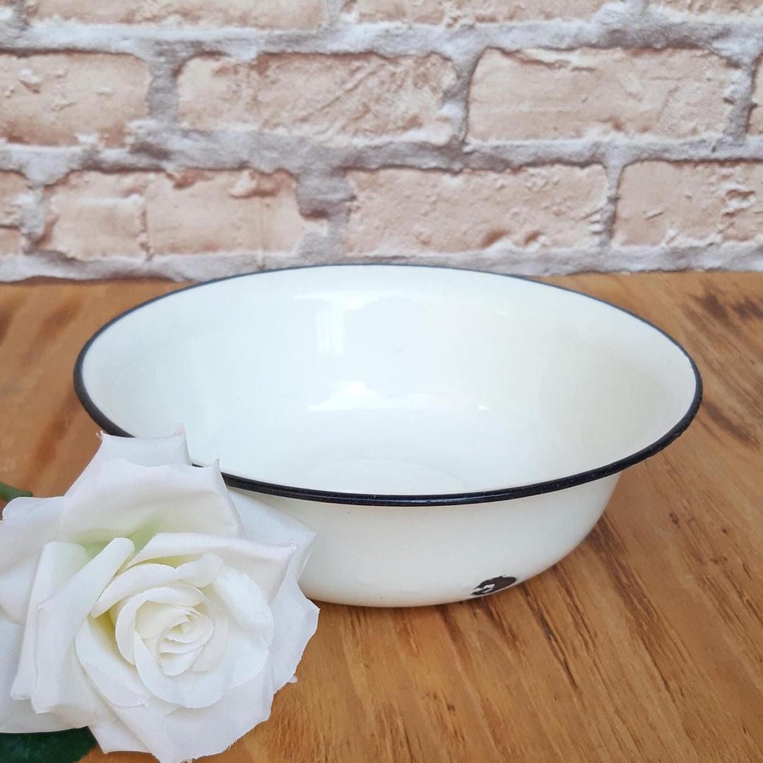 Large Enamel Bowl, White Vintage Bowl, Enamel Dish, Metal Rustic Plate ...
