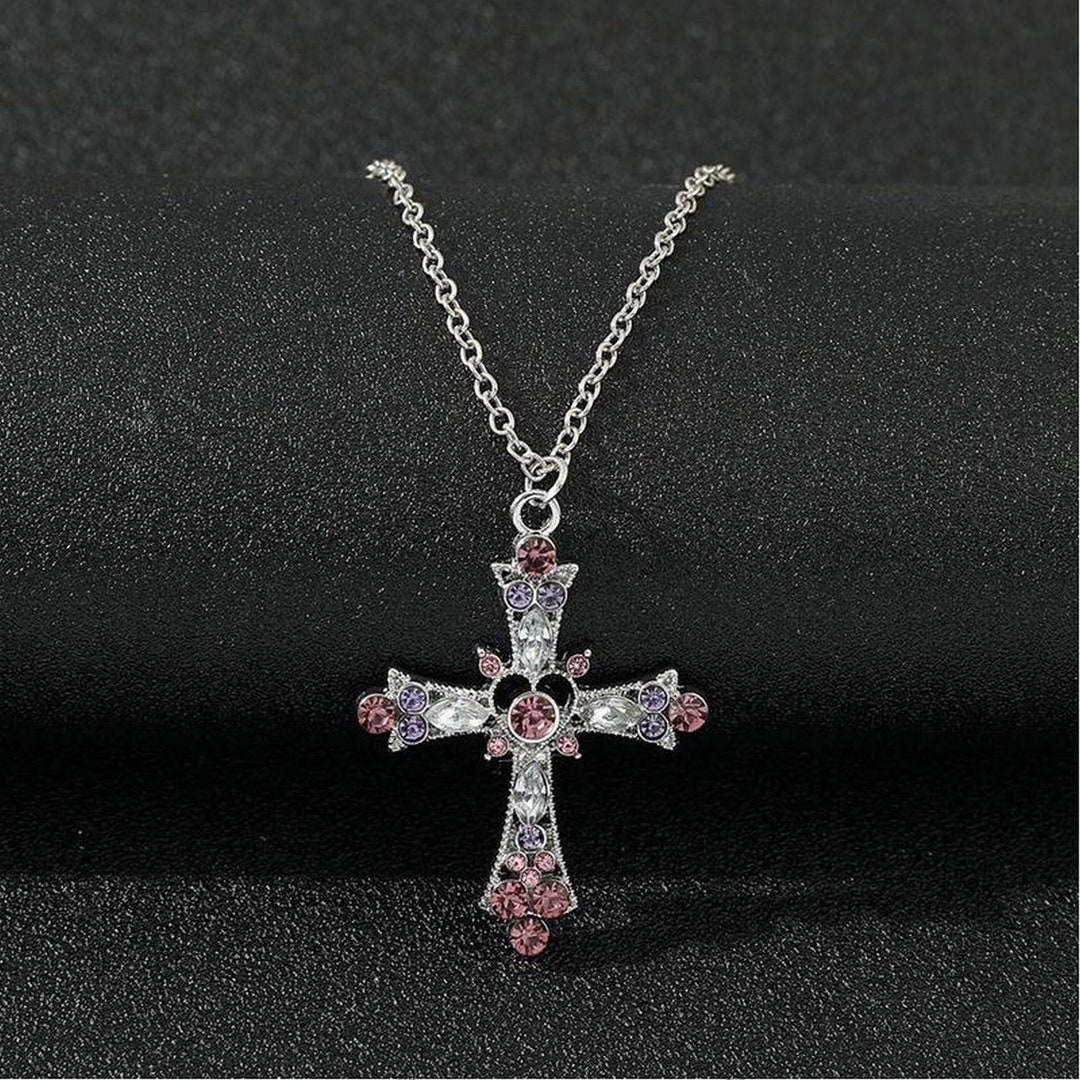 Neo-gothic Pink Purple Cross Elegant Cross Jesus Heart Pendant Necklace ...