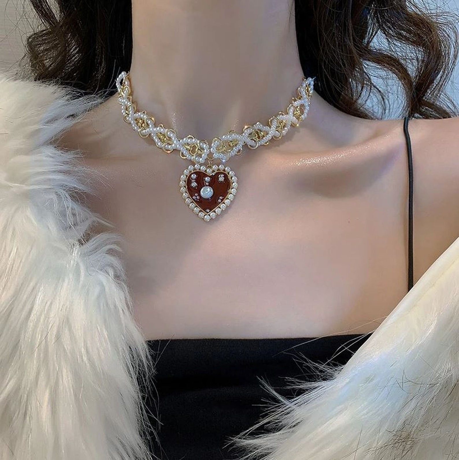 Red Heart Elegant Pearl Vintage Gold Pendant Choker Necklace Love ...