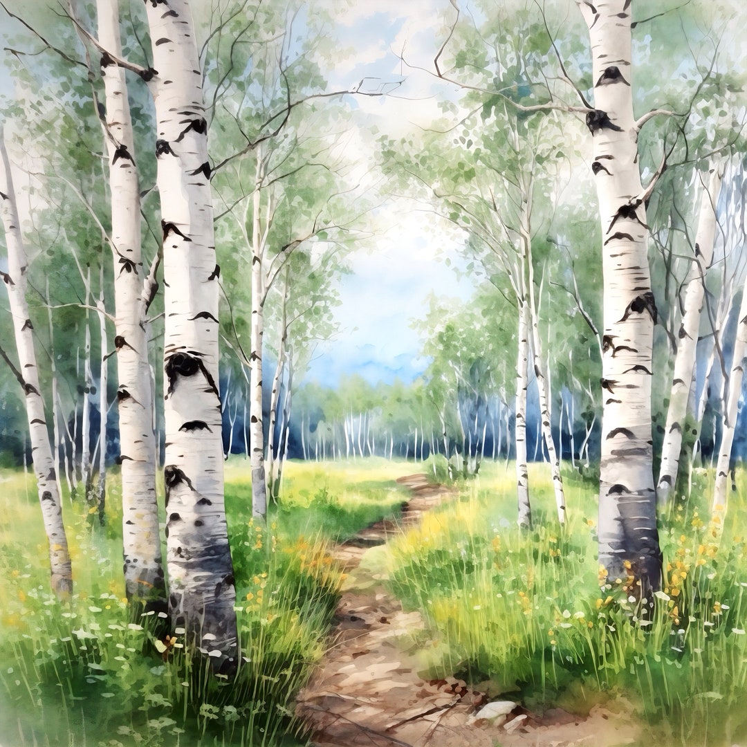 Aspen Landscape Watercolor Trees Art Print Birch Forest Painting Summer ...