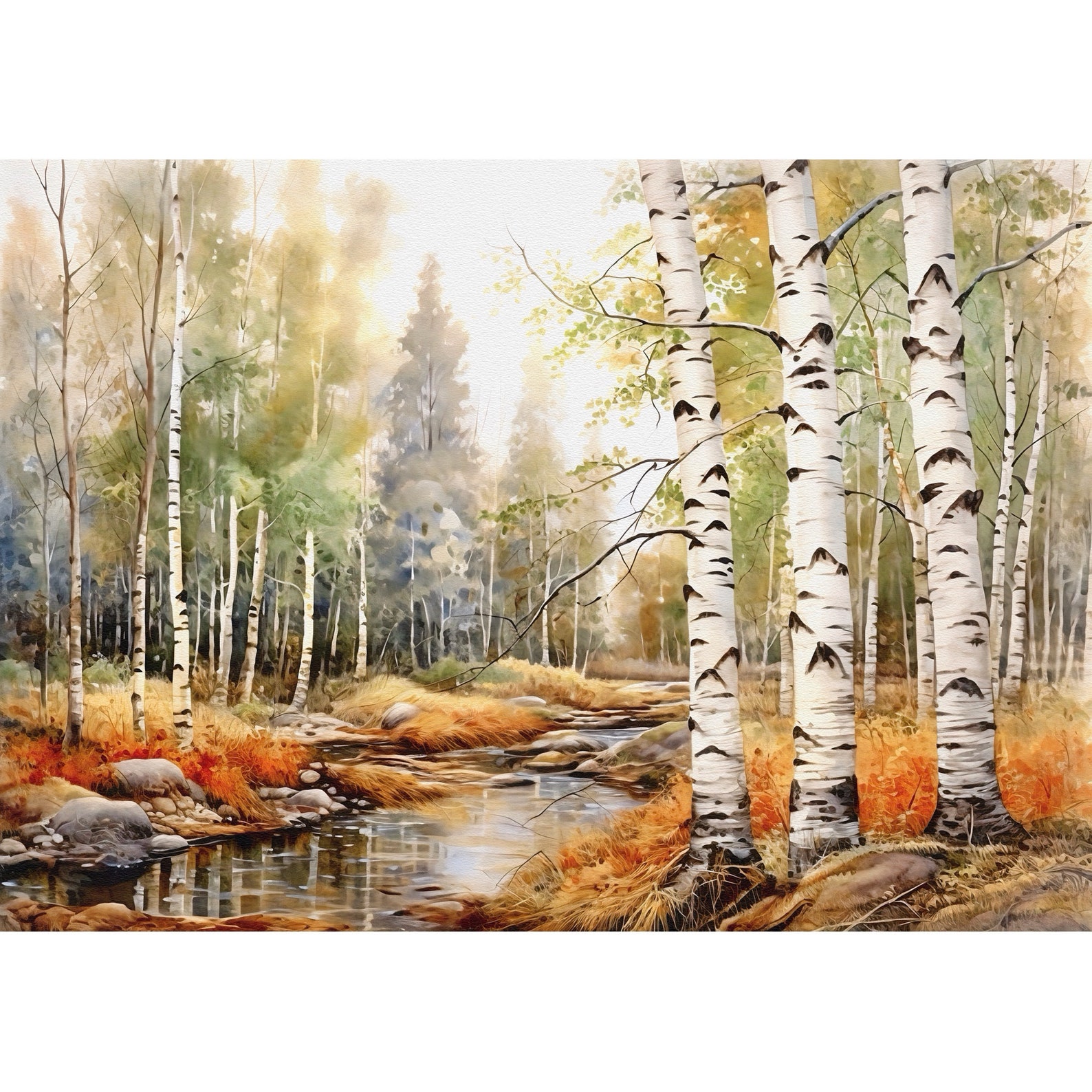 Autumn Aspen Forest Watercolor Art Print, Creek Landscape Wall Decor ...
