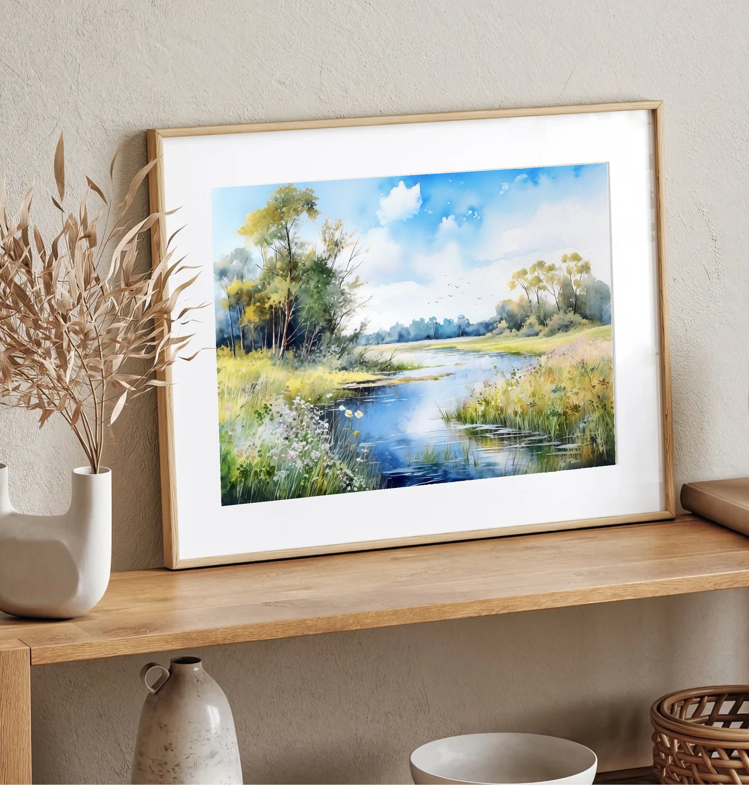 River Watercolor Landscape Print Large Painting Green Poster Panoramic ...