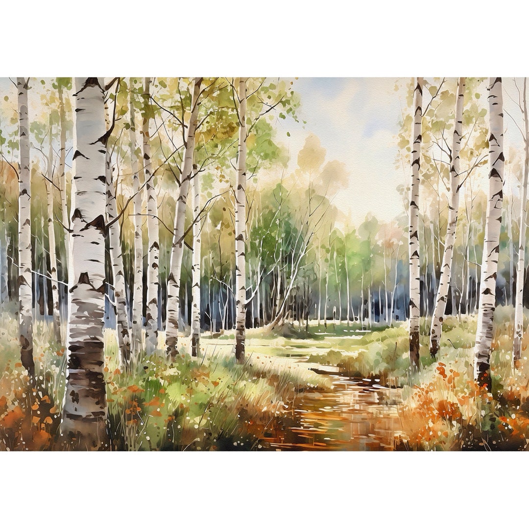 Birch Forest Painting Aspen Landscape Watercolor Fall Trees Art Print ...