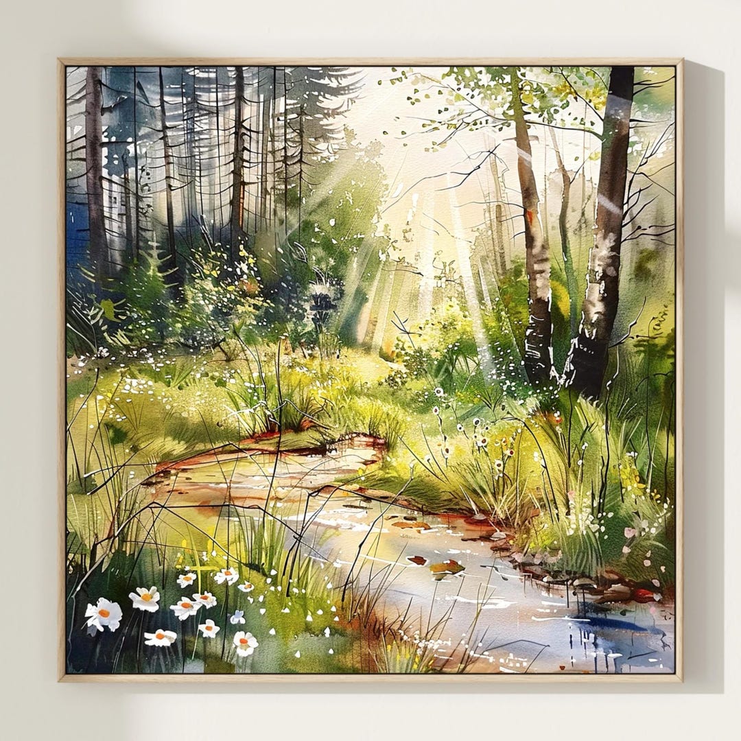 Watercolor Forest Stream Art Print: Spring Landscape Wall Decor - Etsy