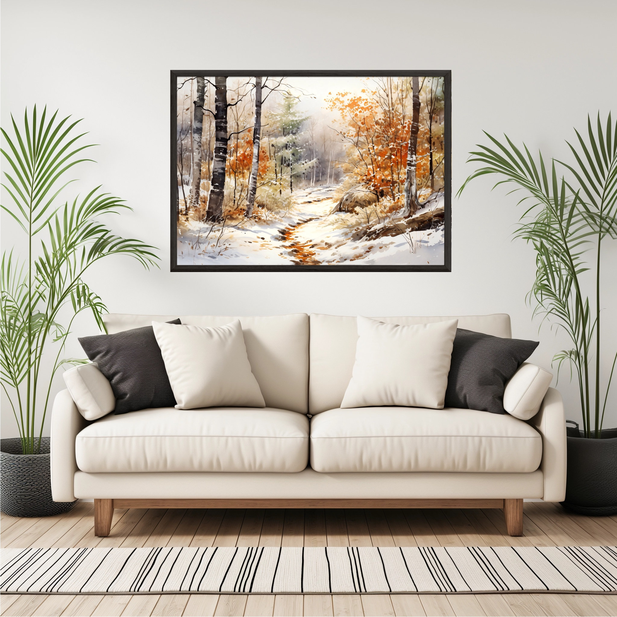 First Snow Watercolor Painting Art Print, Winter Forest Large Wall Art ...