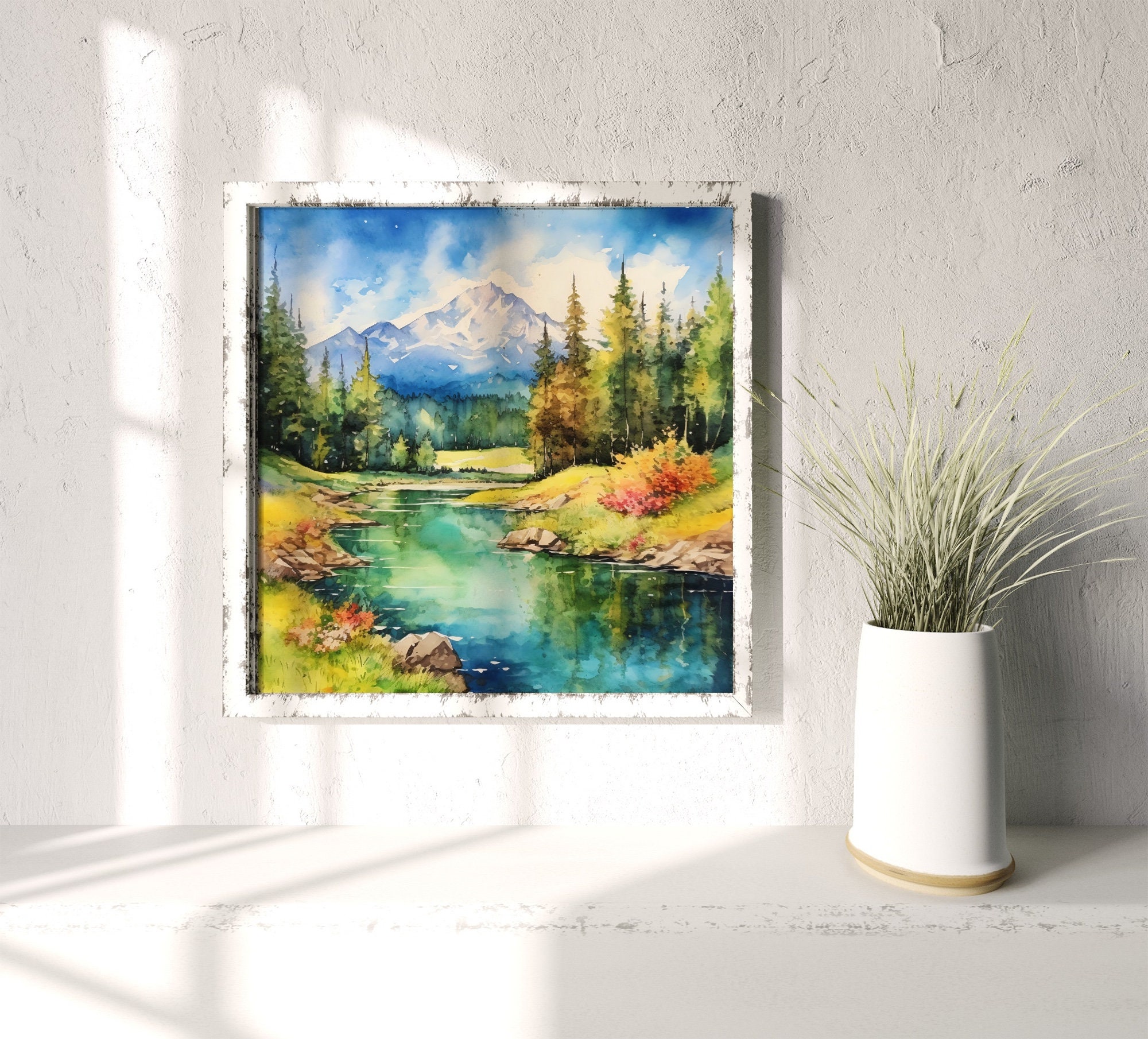 Mountain River Watercolor Blue Yellow Wall Art Panoramic Landscape ...