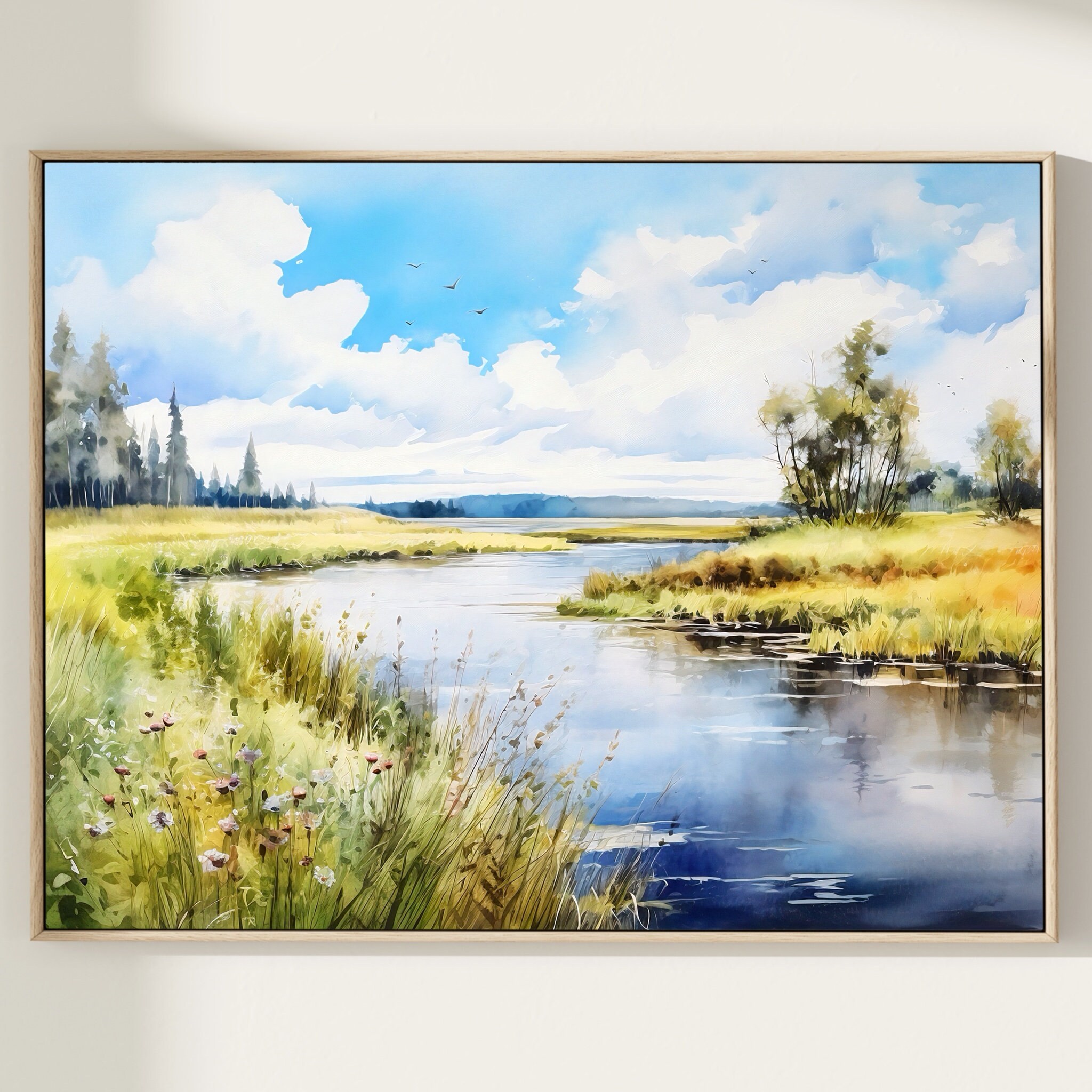 River Watercolor Landscape Print Large Painting Green Poster Panoramic ...