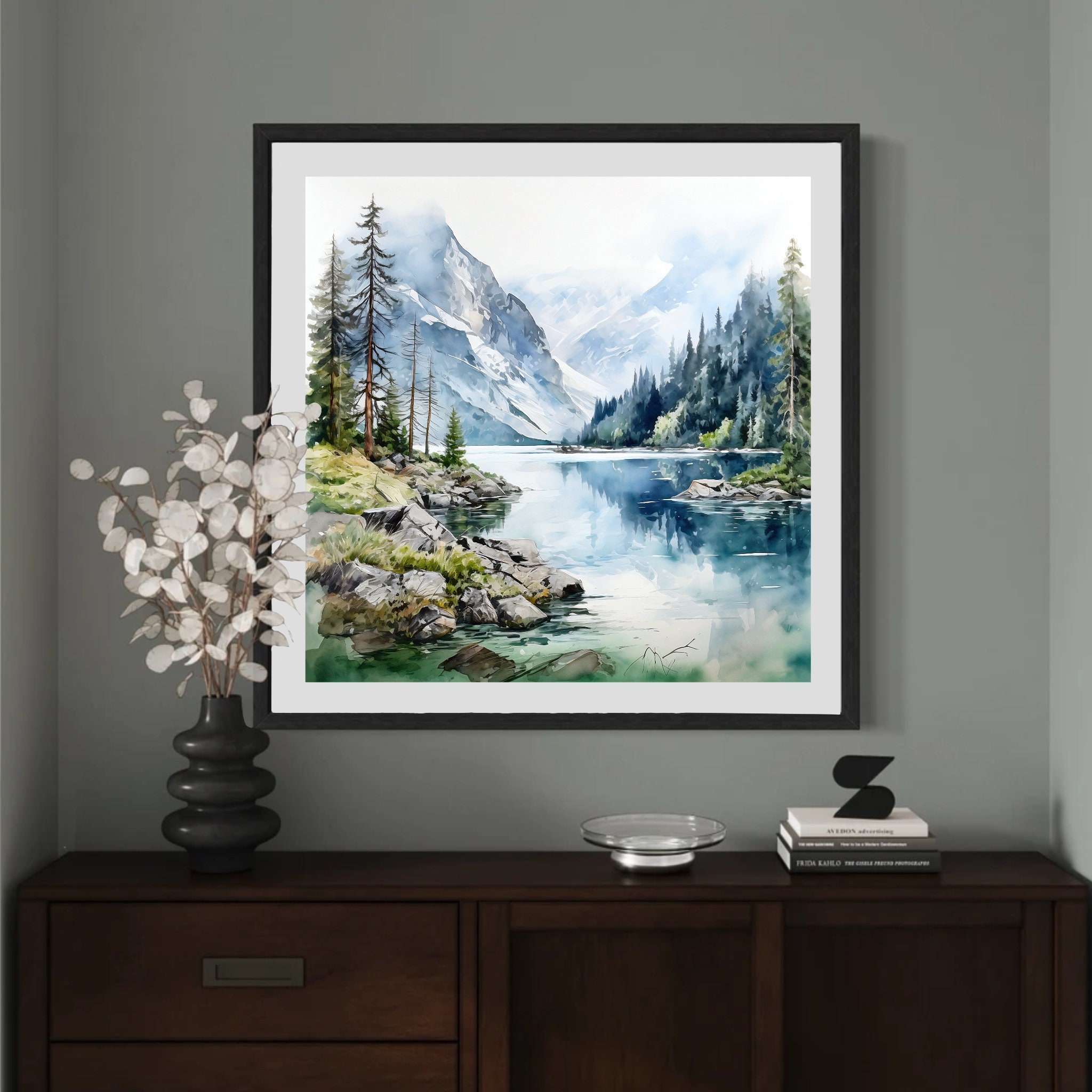 Mountain Lake Watercolor Painting Nature Square Print Green Blue Wall ...