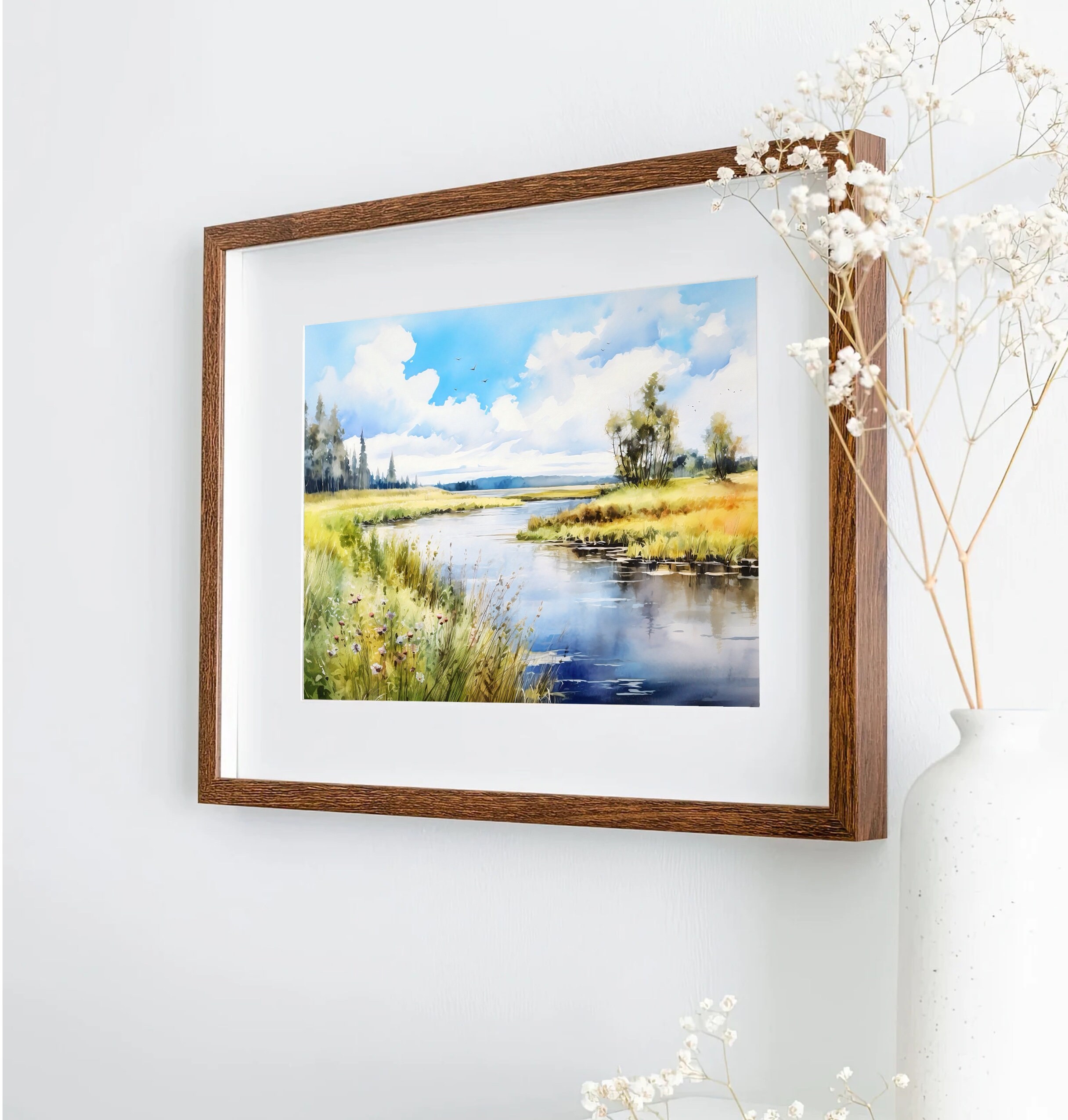 River Watercolor Landscape Print Large Painting Green Poster Panoramic ...