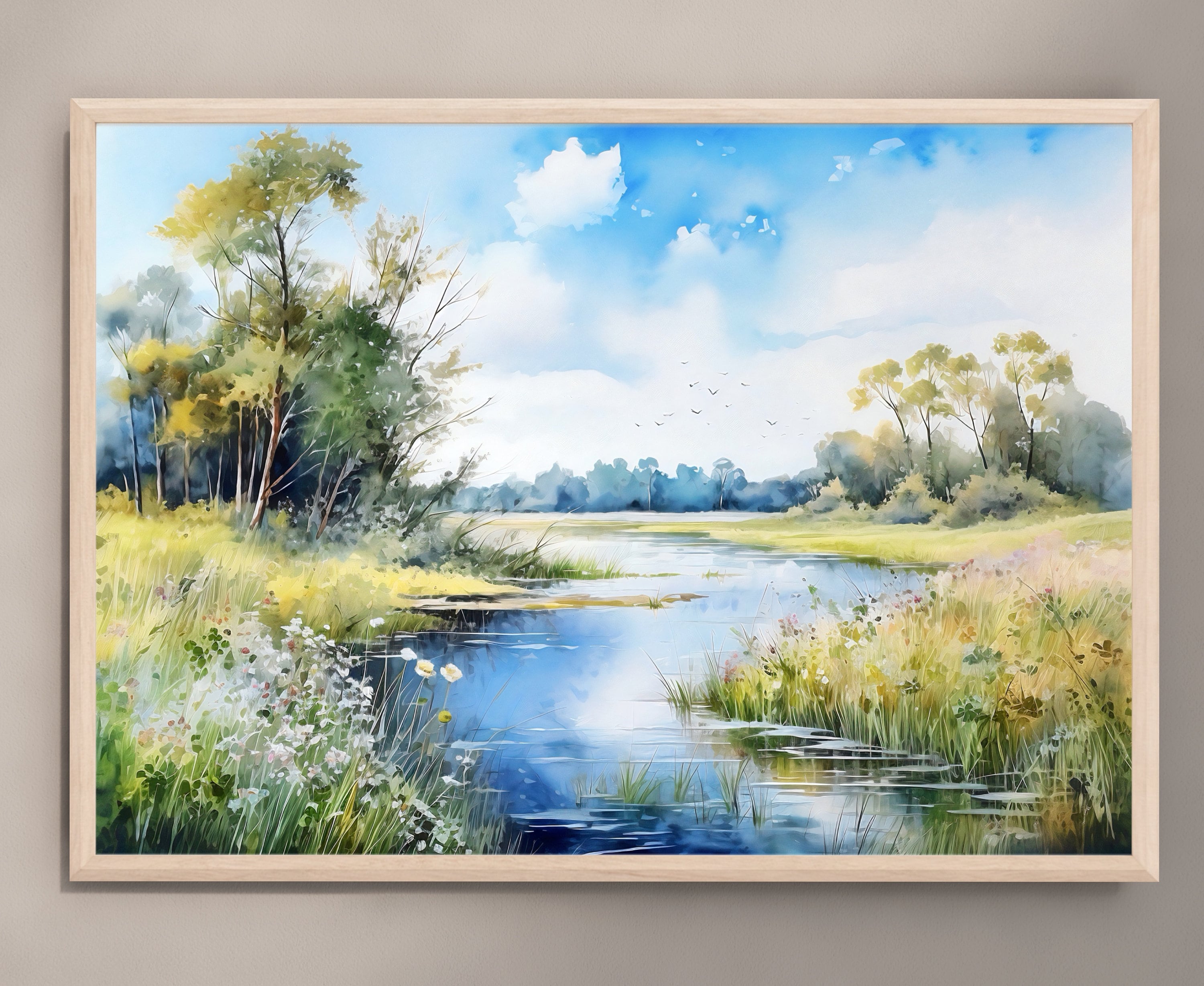 River Watercolor Landscape Print Large Painting Green Poster Panoramic ...