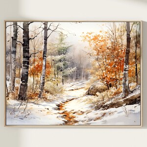 First Snow Watercolor Painting Art Print, Winter Forest Large Wall Art ...
