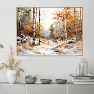 First Snow Watercolor Painting Art Print, Winter Birch Forest Large ...