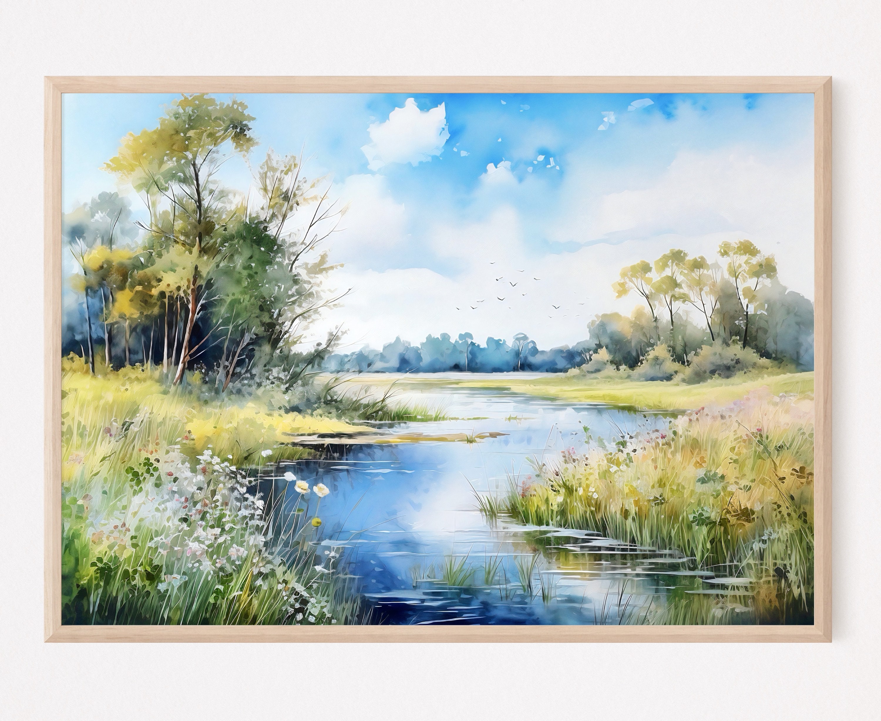 River Watercolor Landscape Print Large Painting Green Poster Panoramic ...