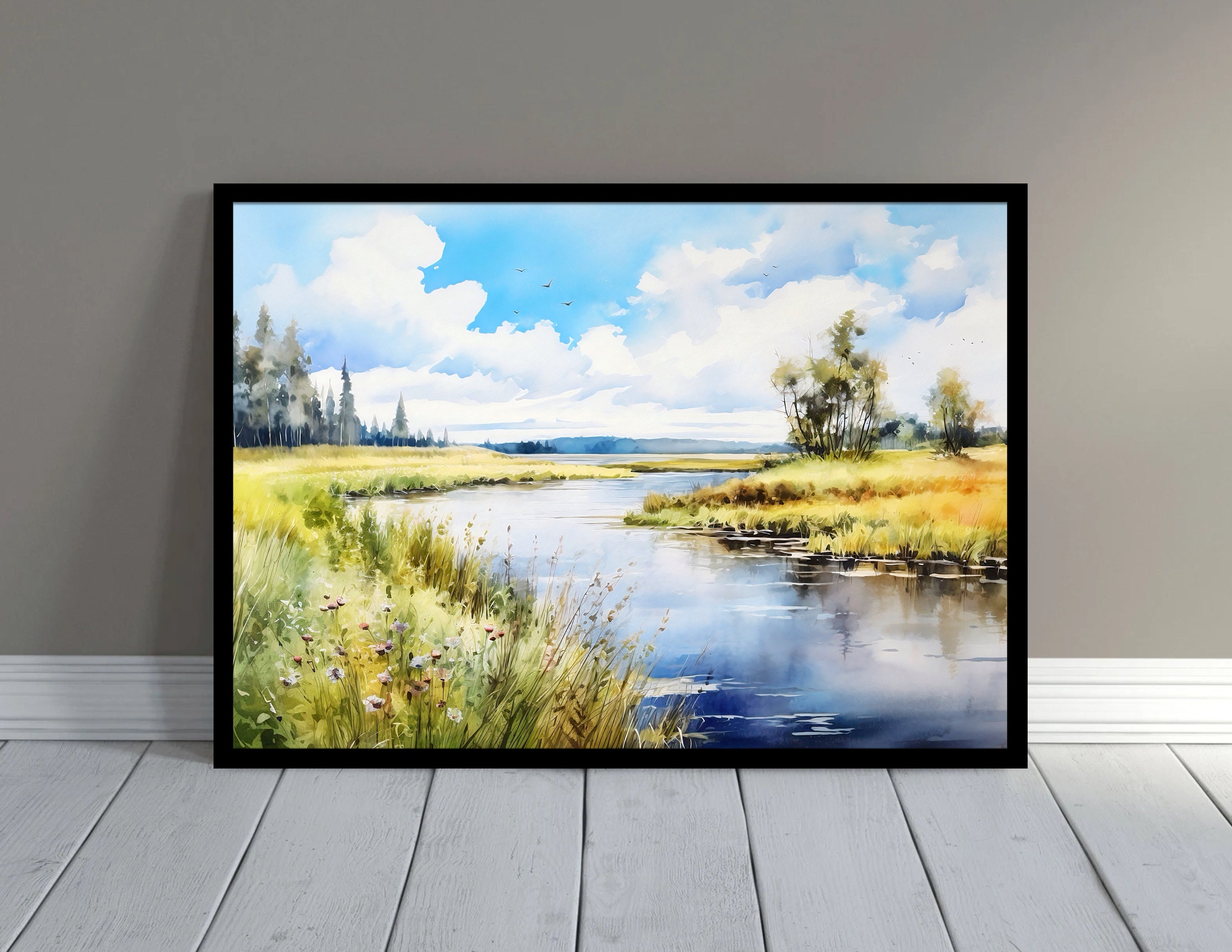 River Watercolor Landscape Print Large Painting Green Poster Panoramic ...