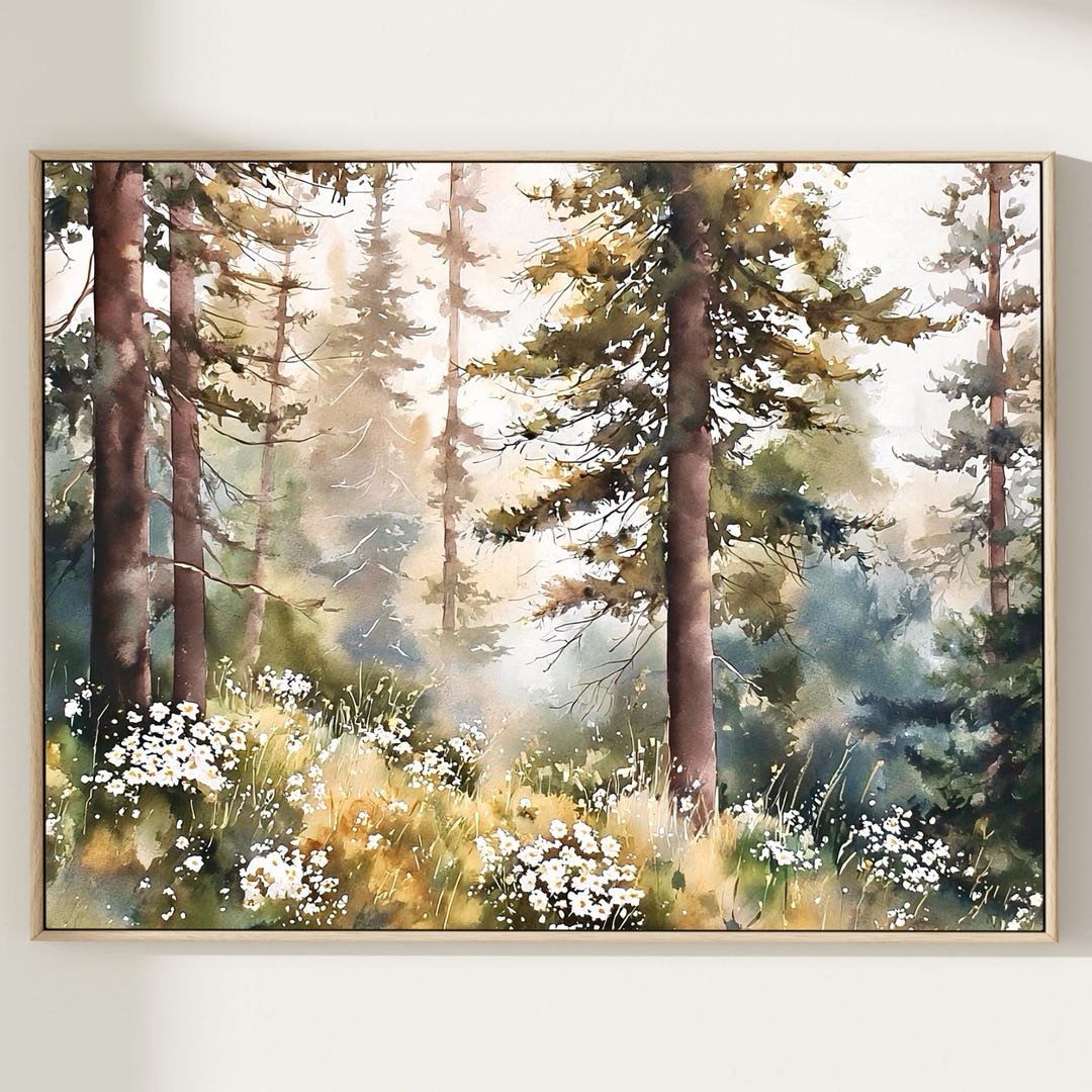 Pine Forest Landscape Art Print: Watercolor Painting, Woodland Home ...