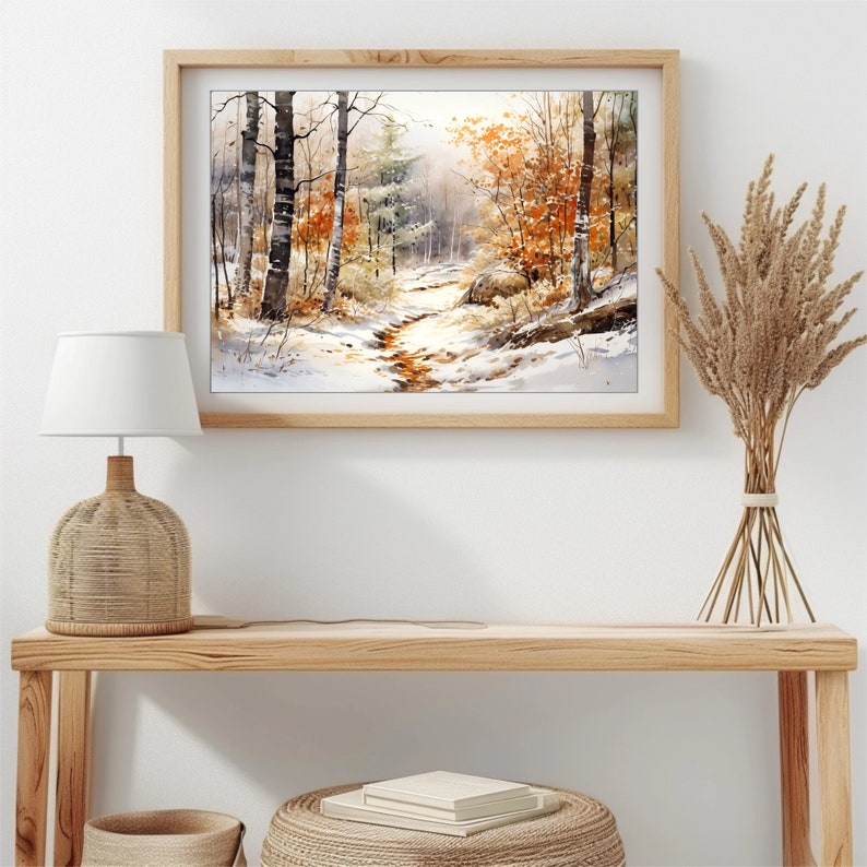 First Snow Watercolor Painting Art Print, Winter Forest Large Wall Art ...