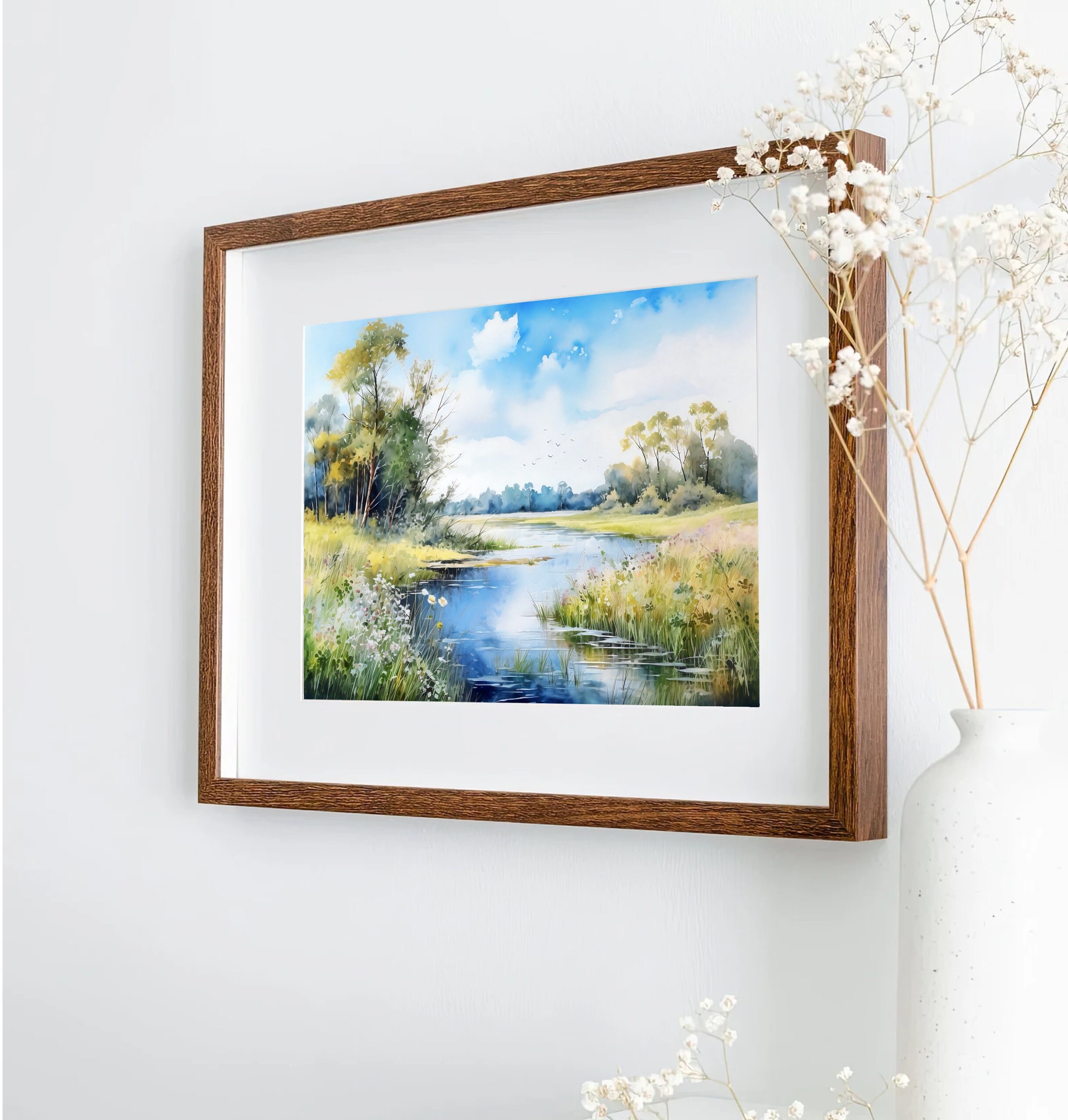 River Watercolor Landscape Print Large Painting Green Poster Panoramic ...